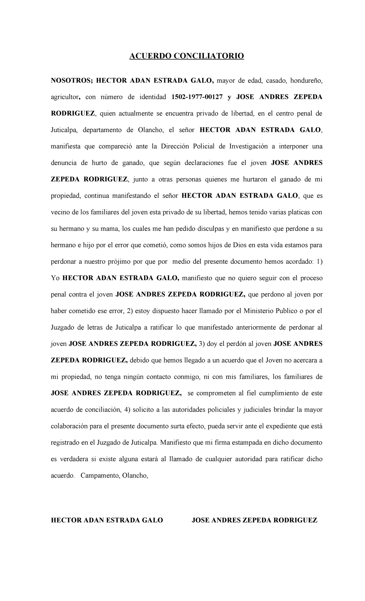 Acuerdo DE Conciliacion - ACUERDO CONCILIATORIO NOSOTROS; HECTOR ADAN ...