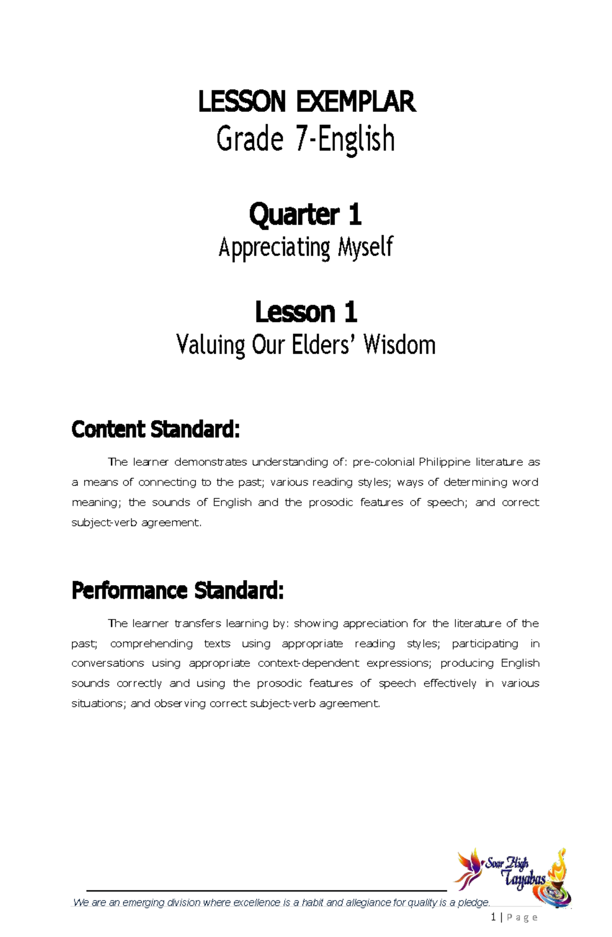 G7 English Lesson Exemplar 1st Quarter - We are an emerging division where excellence is a habit ...