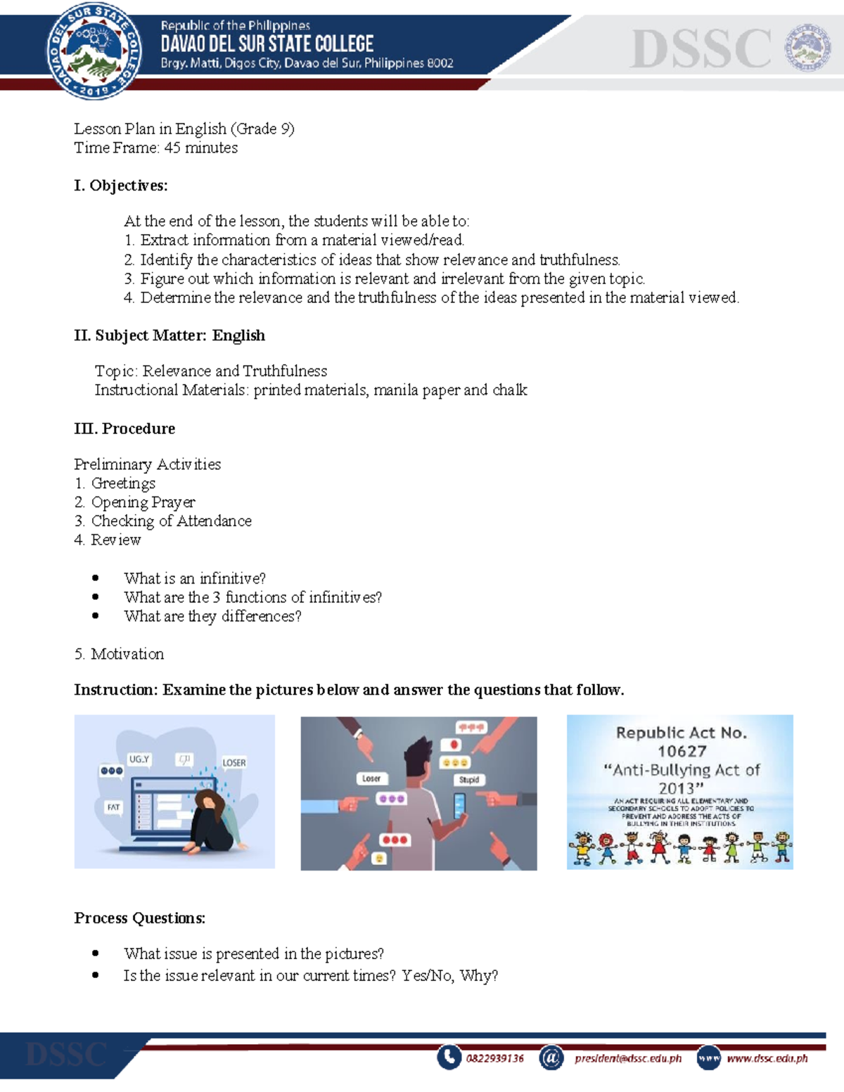 Lesson plan t and r - Lesson Plan in English (Grade 9) Time Frame: 45 ...