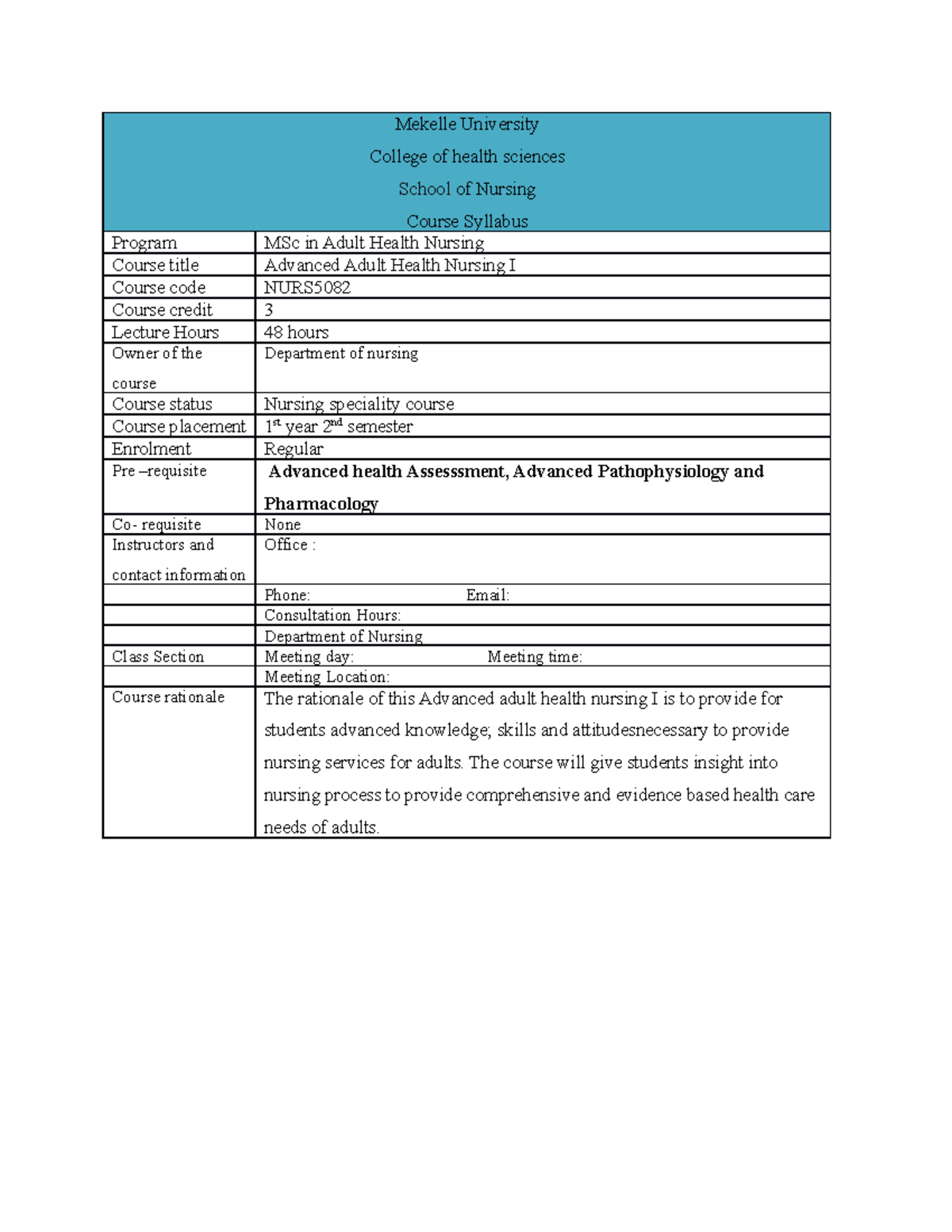 Advanced Adult Health Nursin I Course Outline - Mekelle University ...