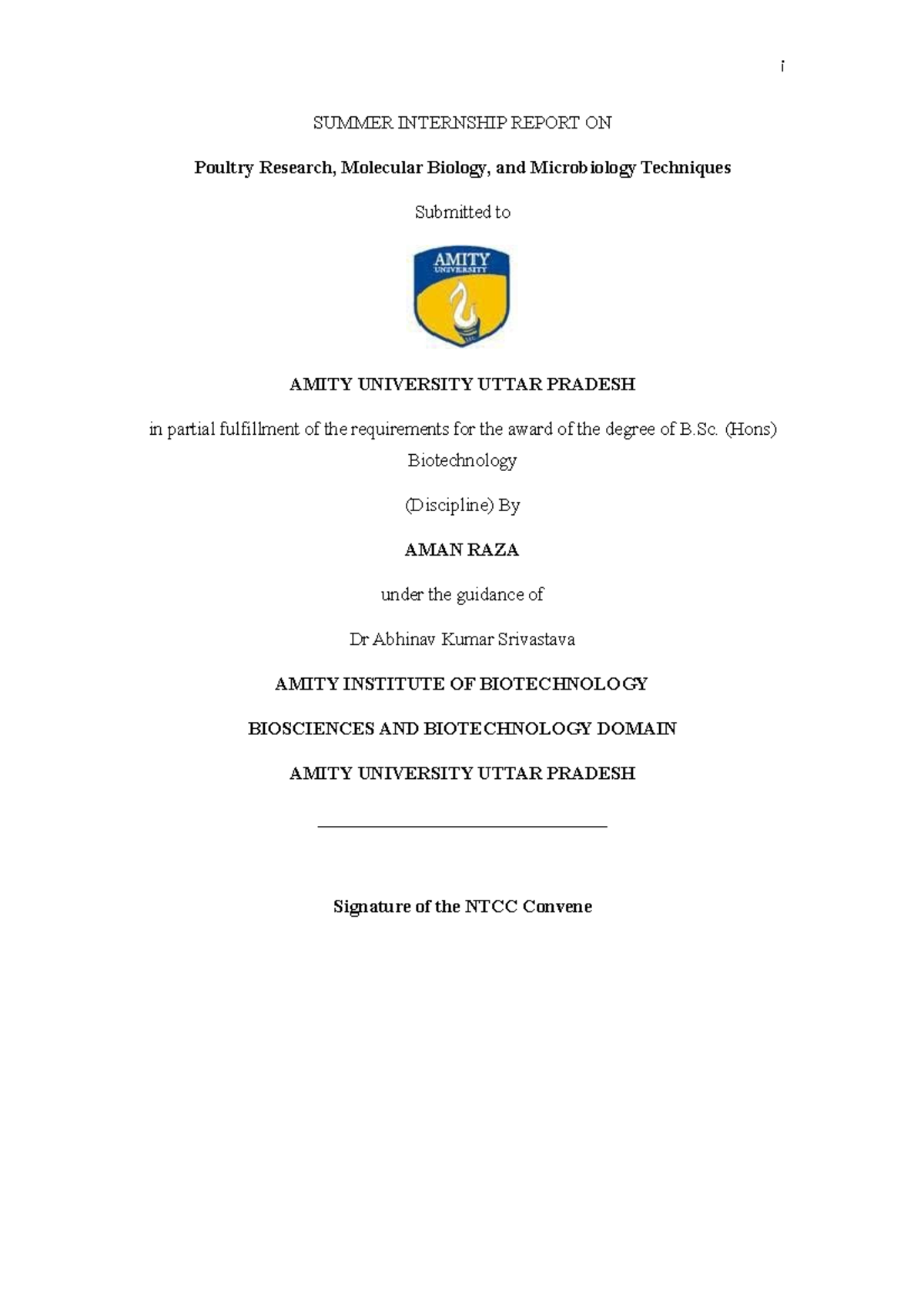 NTCC Final Report AMAN RAZA - i SUMMER INTERNSHIP REPORT ON Poultry ...
