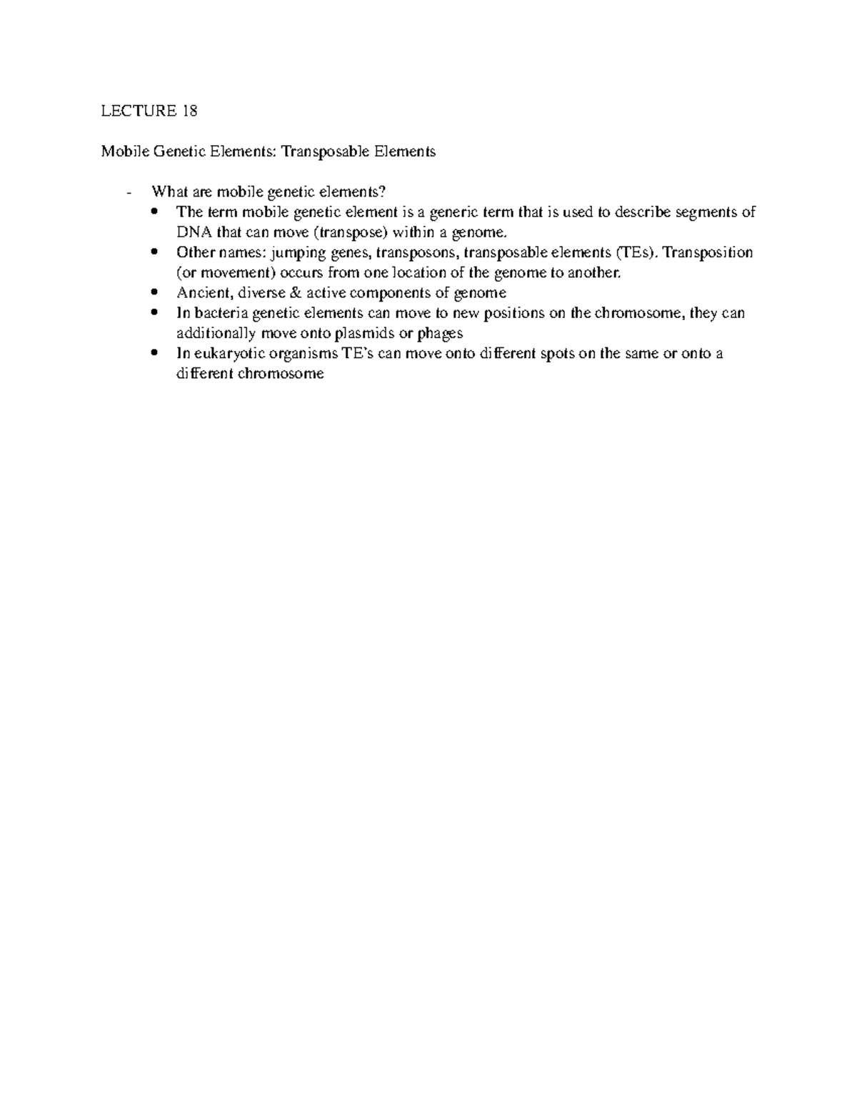Lecture 18 - LECTURE 18 Mobile Genetic Elements: Transposable Elements ...