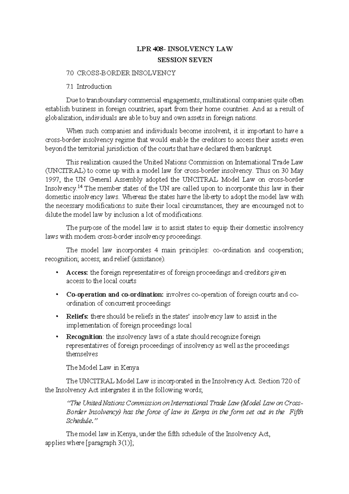 LPR 408 Session 7 - notes - LPR 408- INSOLVENCY LAW SESSION SEVEN 7 ...