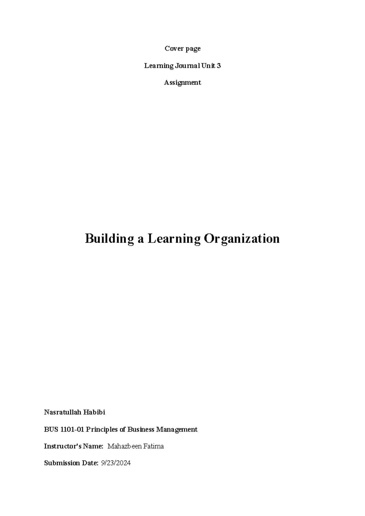 Learning Journal 3 - Cover page Learning Journal Unit 3 Assignment ...