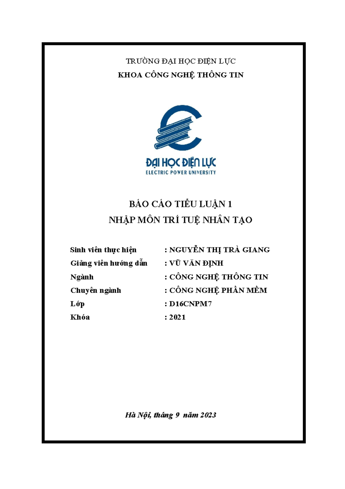 Bia - doc - English - TRƯỜNG ĐẠI HỌC ĐIỆN LỰC KHOA CÔNG NGHỆ THÔNG TIN BÁO CÁO TIỂU LUẬN 1 NHẬP ...