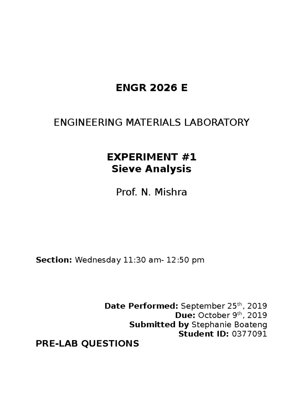 ENGR2026Experiment 1 - Formal Lab Report - ENGR 2026 E ENGINEERING ...