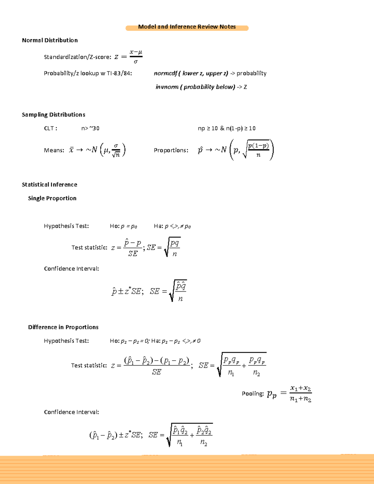 STAT 183 formula and doc pack - Model and Inference Review Notes Normal ...