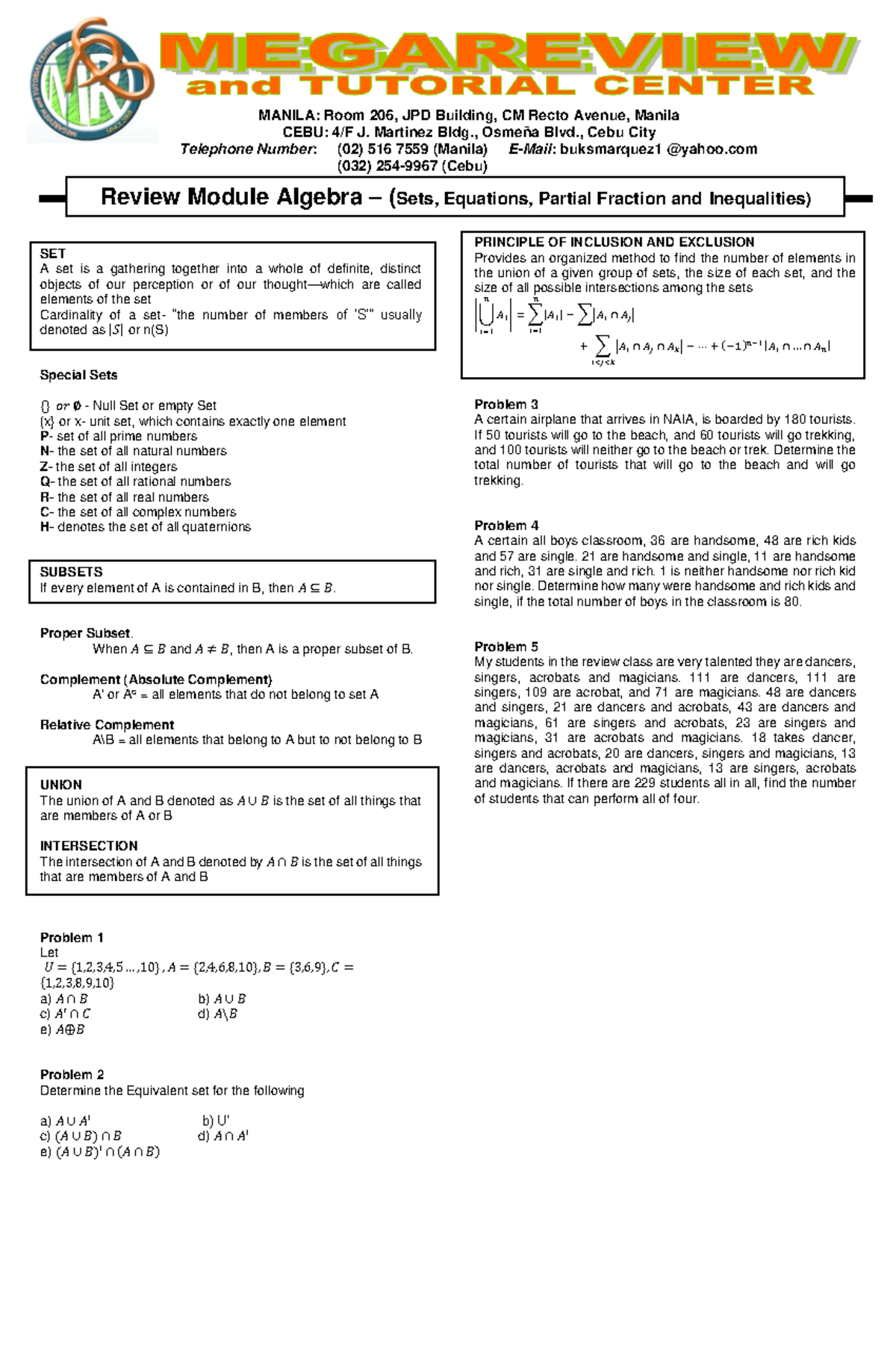 Review Module 01 - Algebra - Part 1 - Review Module Algebra – (Sets ...