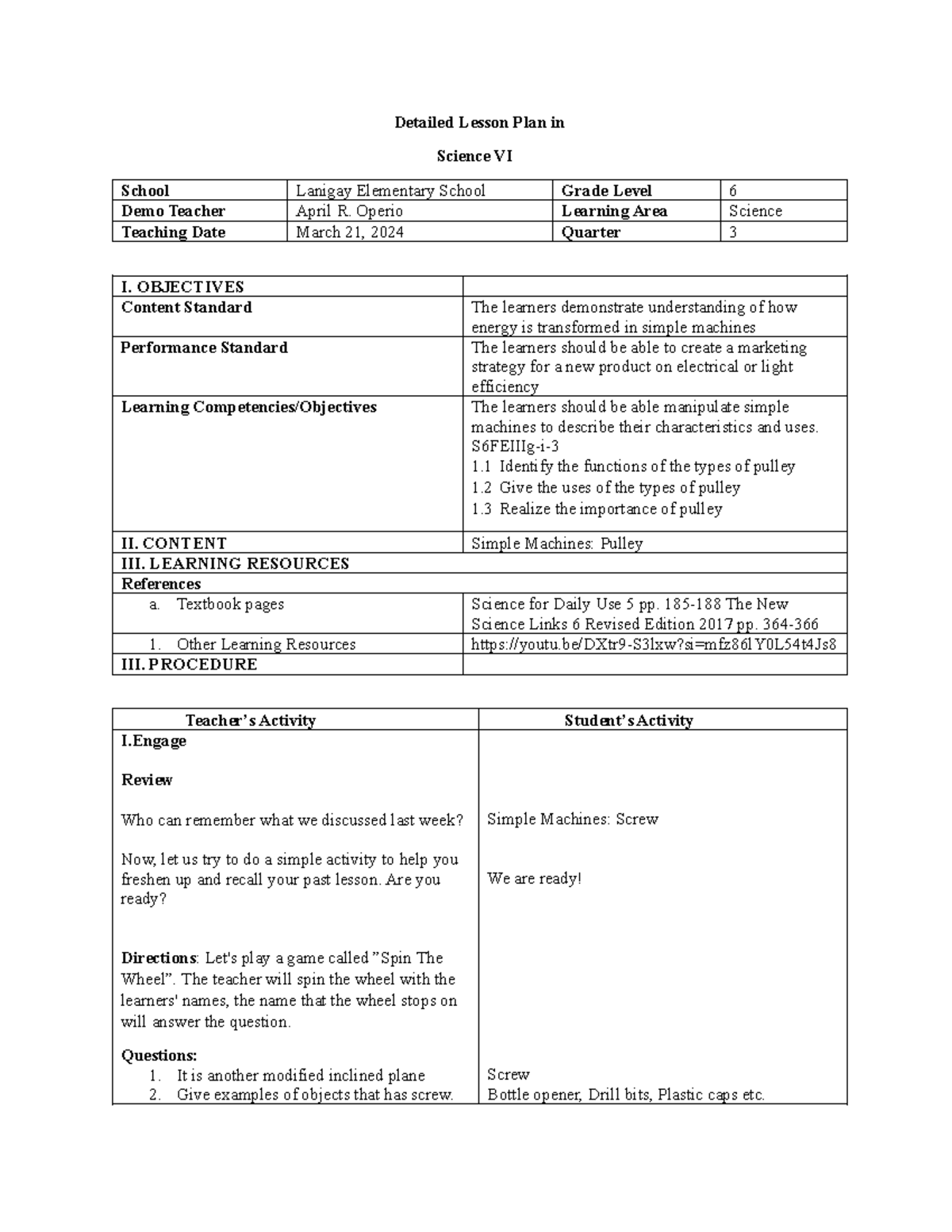 Simple Machine - Pulley DEMO - Detailed Lesson Plan in Science VI ...