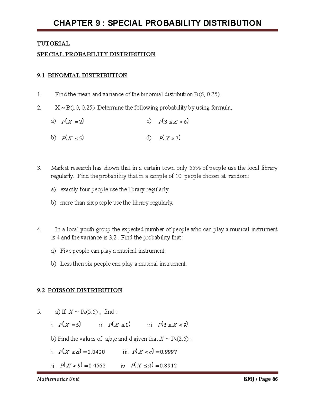 CH9 Special - Lecture notes 1 - TUTORIAL SPECIAL PROBABILITY ...