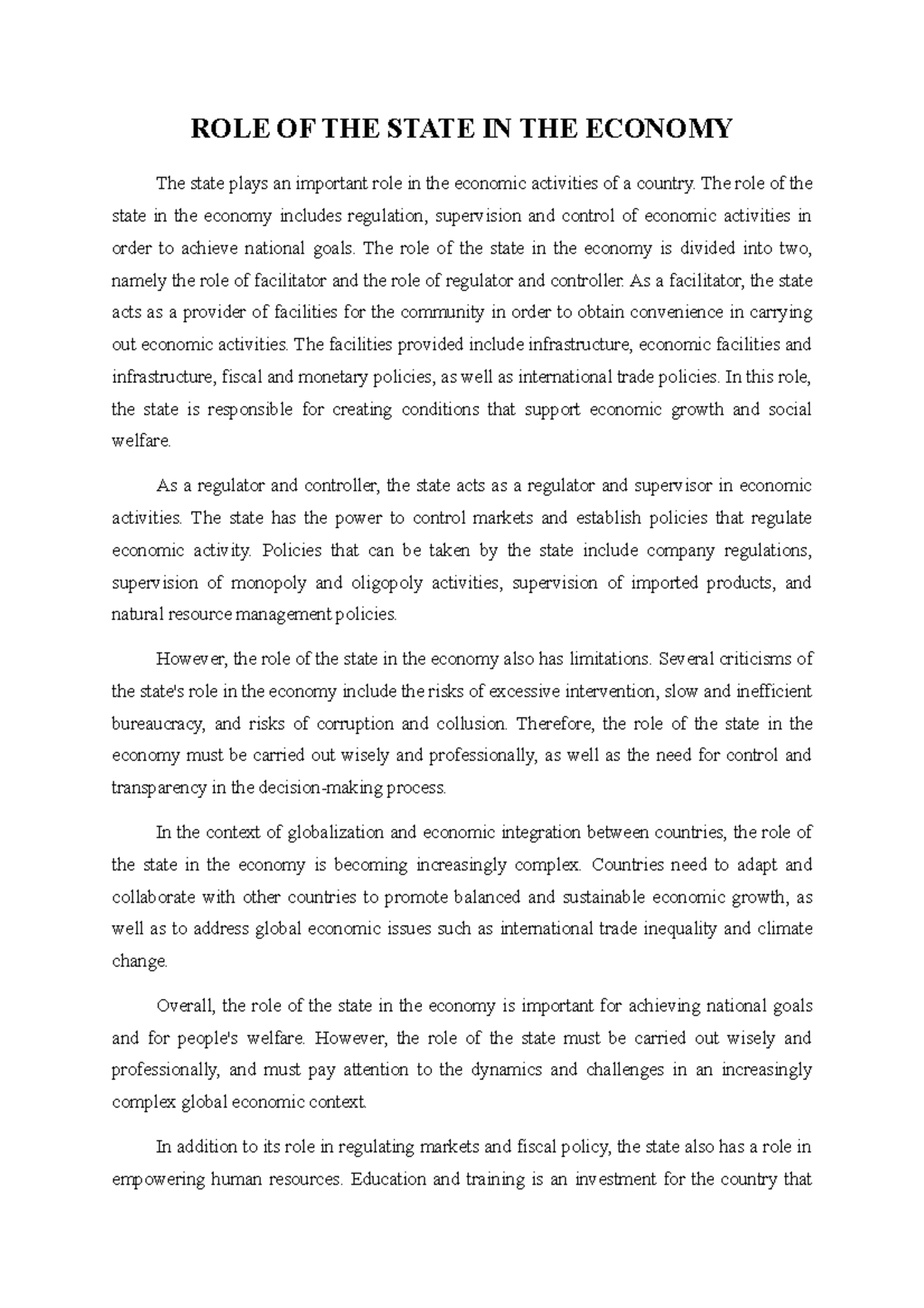 Role of the State in the Economy - ROLE OF THE STATE IN THE ECONOMY The ...