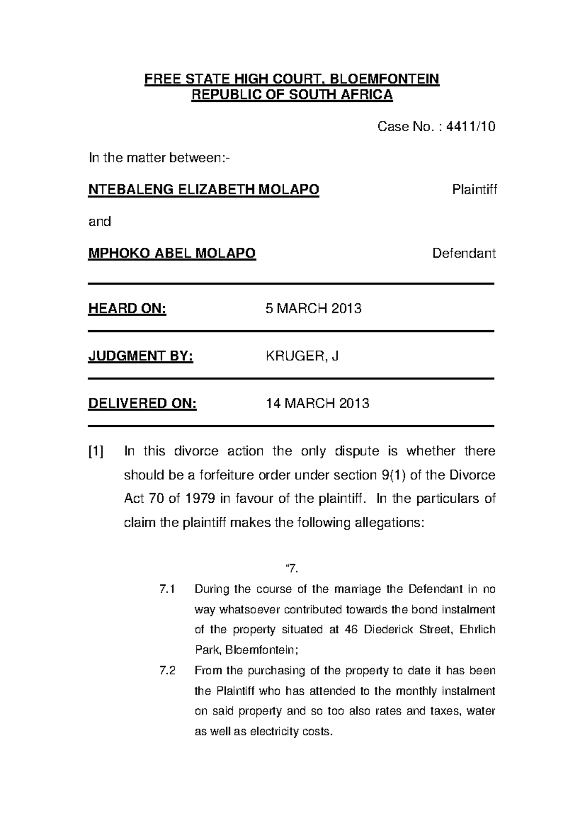 Molapo v Molapo - LEARNING - FREE STATE HIGH COURT, BLOEMFONTEIN ...