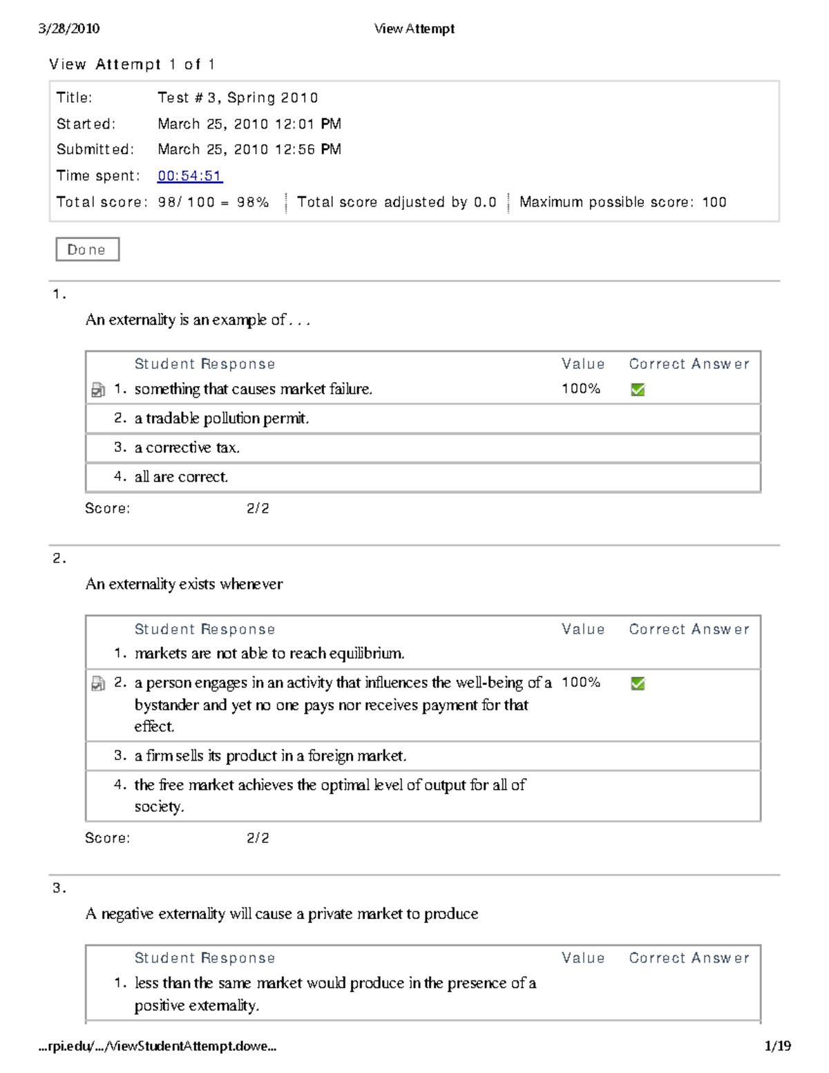 Exam 3 - Exam for studying - V iew Attem p t 1 o f 1 Tit le: Te st # 3 ...