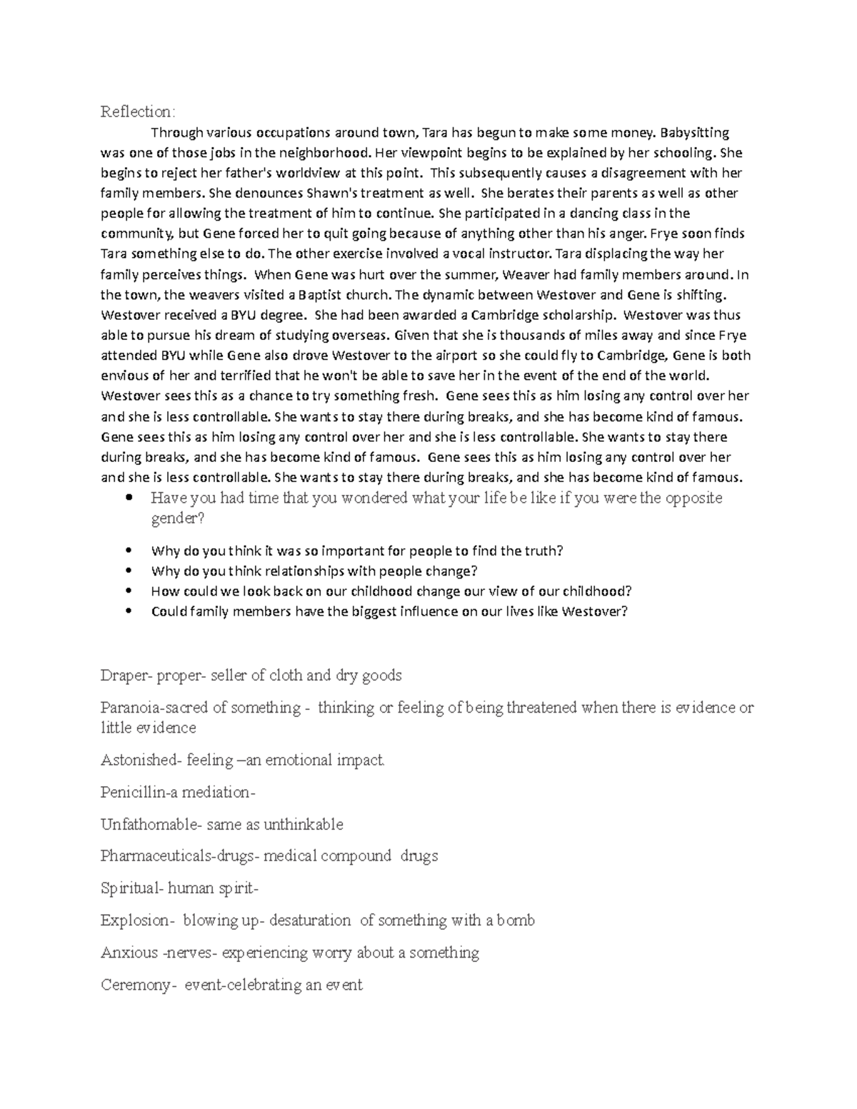 Educated - Reflection: Through various occupations around town, Tara ...