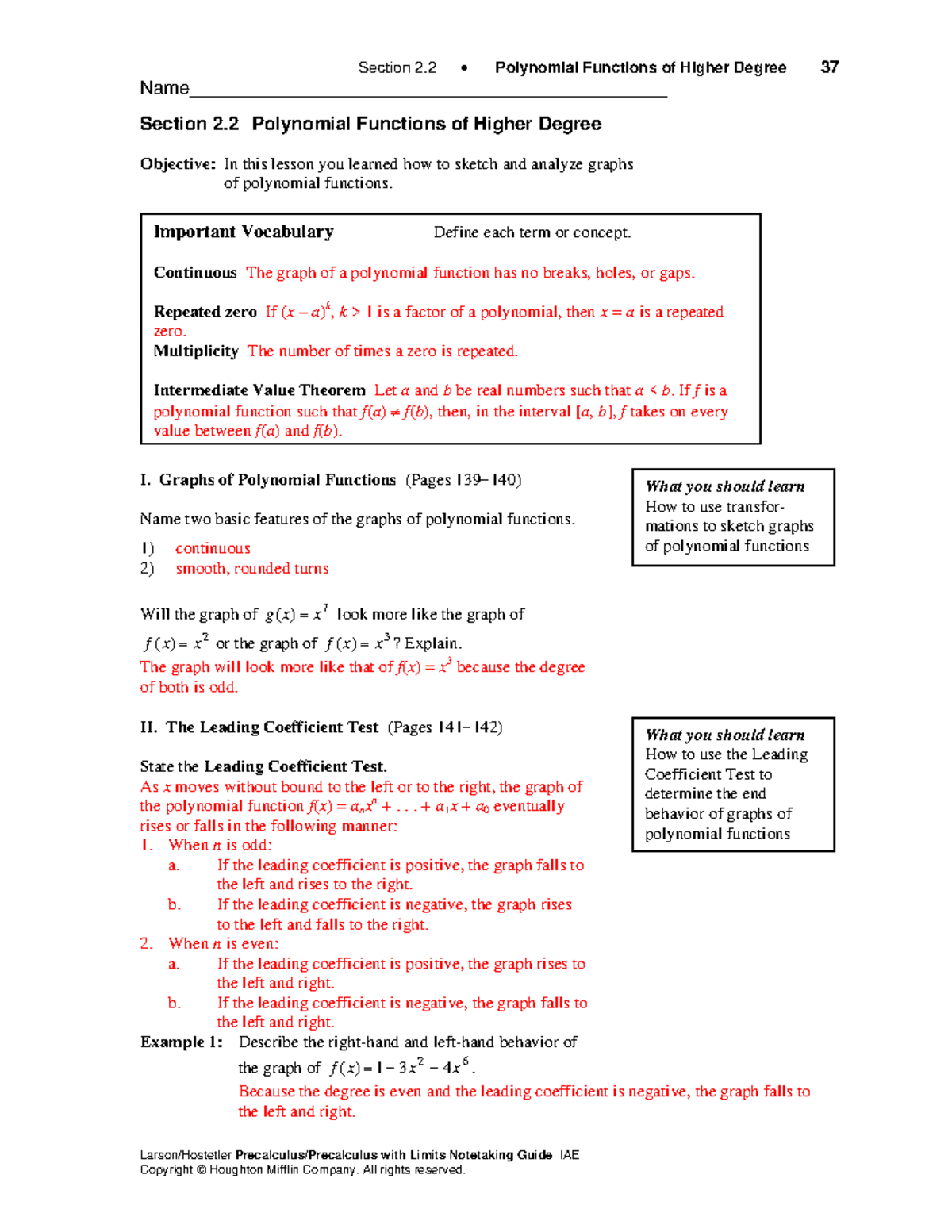 Lecture Notes for Precalcalculus Limits - Section 2 • Polynomial ...
