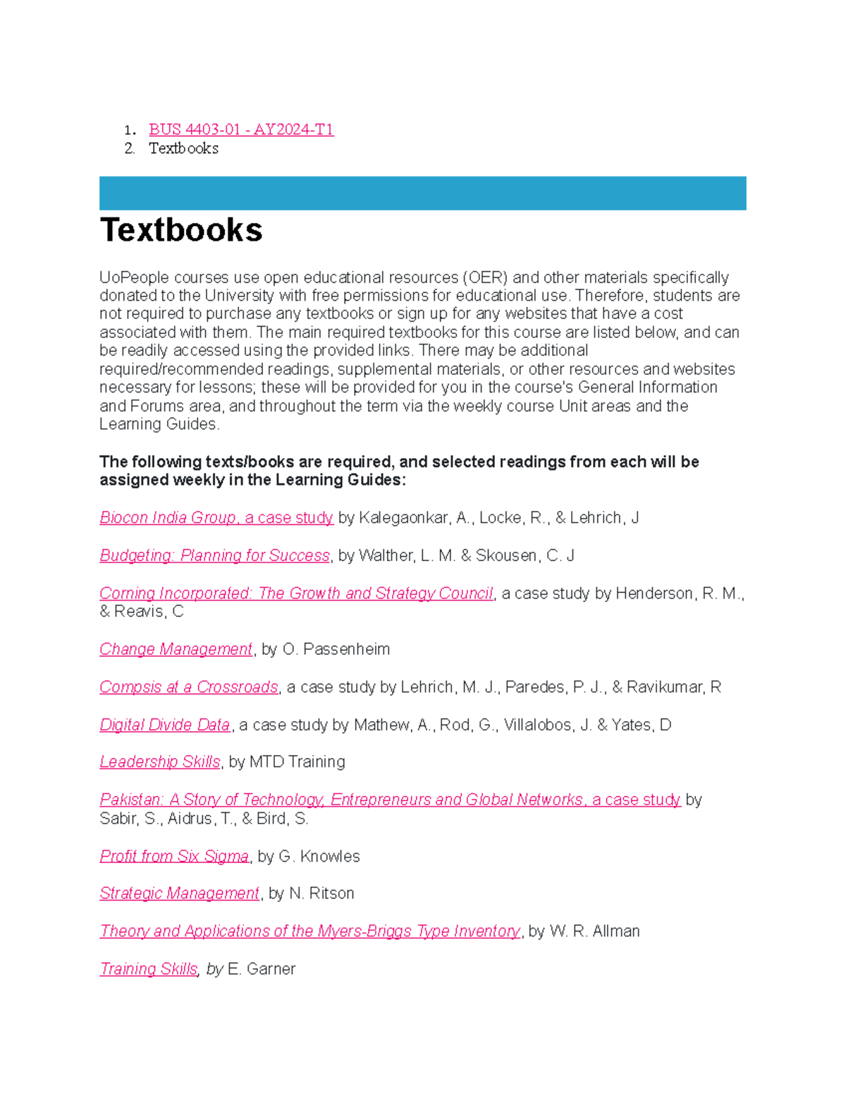 BUS 4403 Textbook List - LEARNING GUIDE - 1. BUS 4403-01 - AY2024-T ...