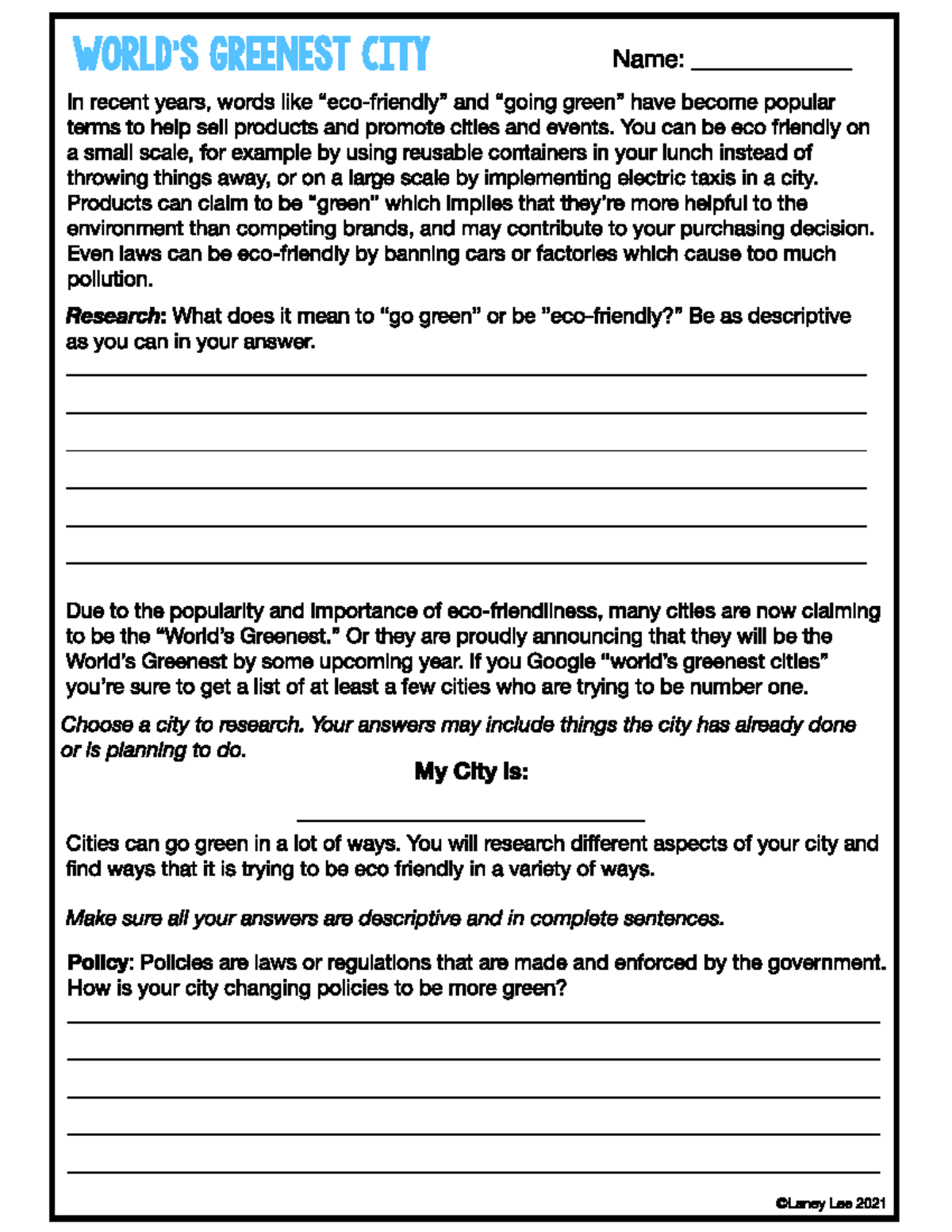 Exploring Sustainability Human Impact Worlds Greenest City Webquest-2 ...