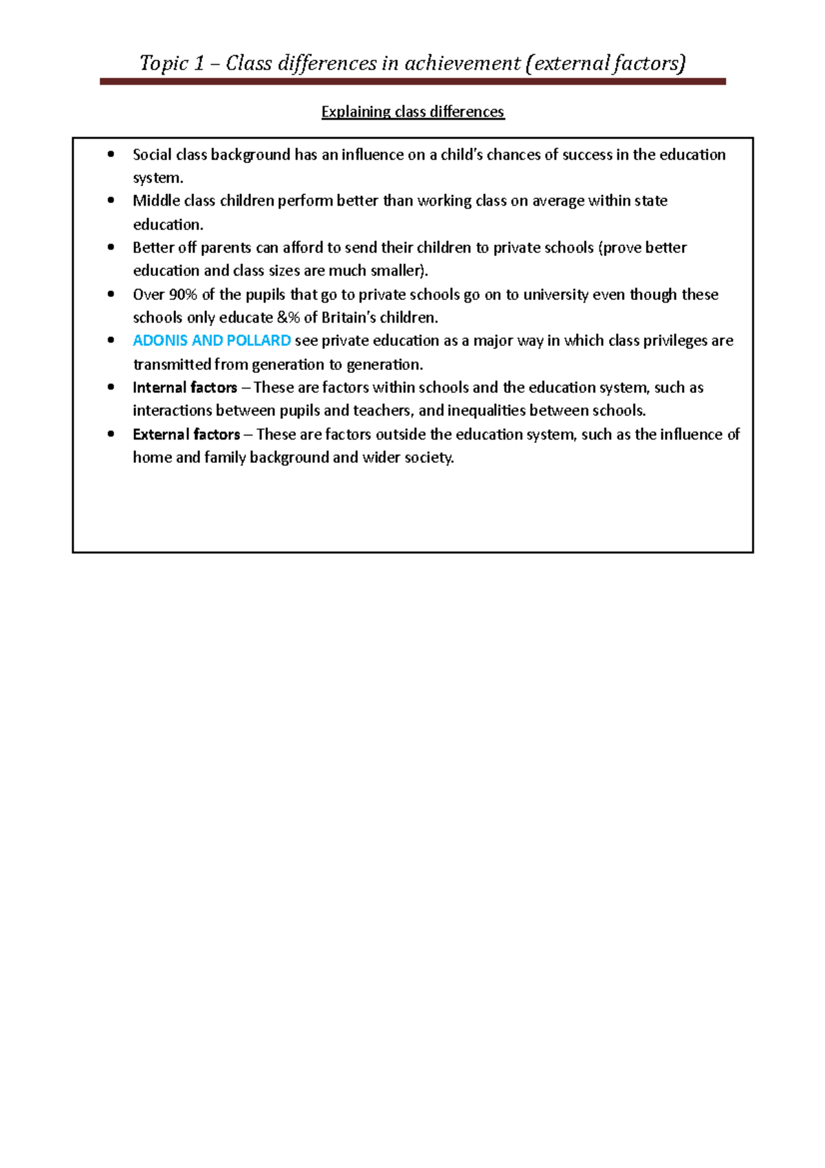 Class differences in achievement - Explaining class differences Social ...