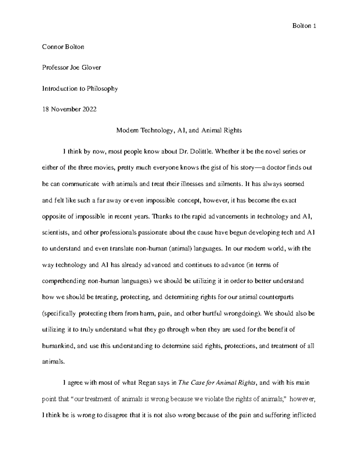 Introduction to Philosophy Final Paper - Connor Bolton Professor Joe ...