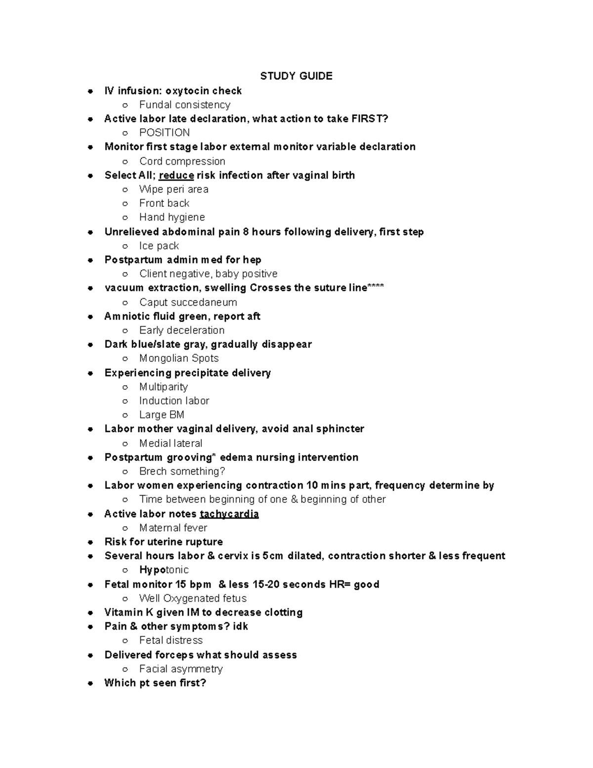 OB final review - STUDY GUIDE IV infusion: oxytocin check Fundal ...