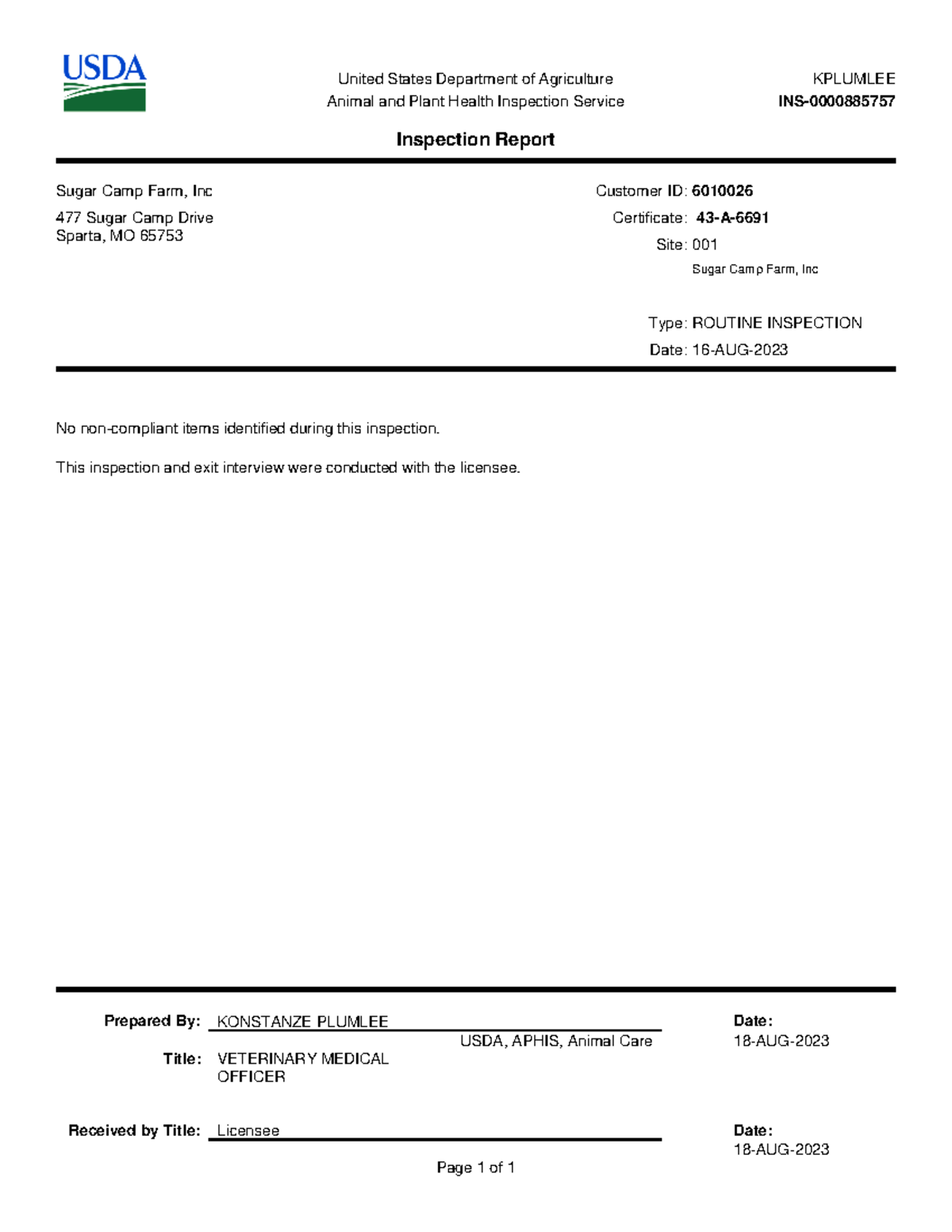PST Inspection Report Sugar Camp Farm Inc - United States Department of ...