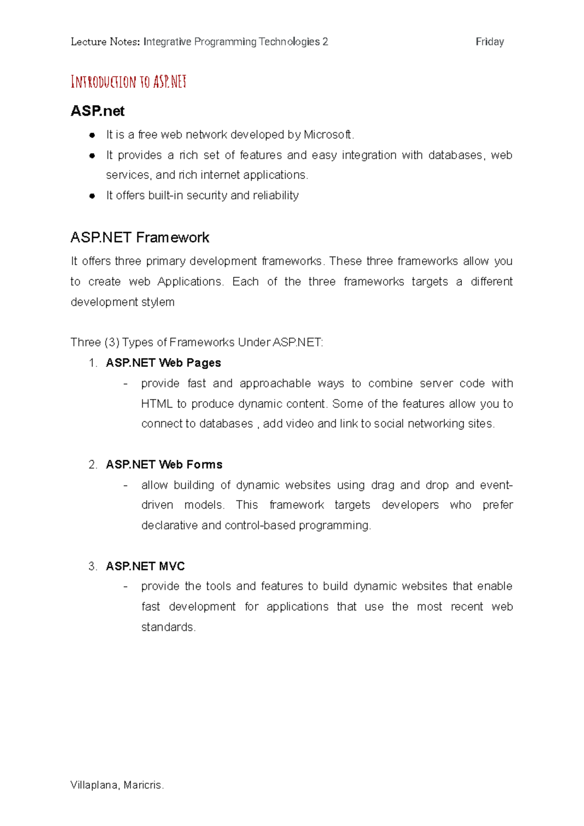Introduction To Asp Week2 Lecture Notes Lecture Notes Integrative Programming