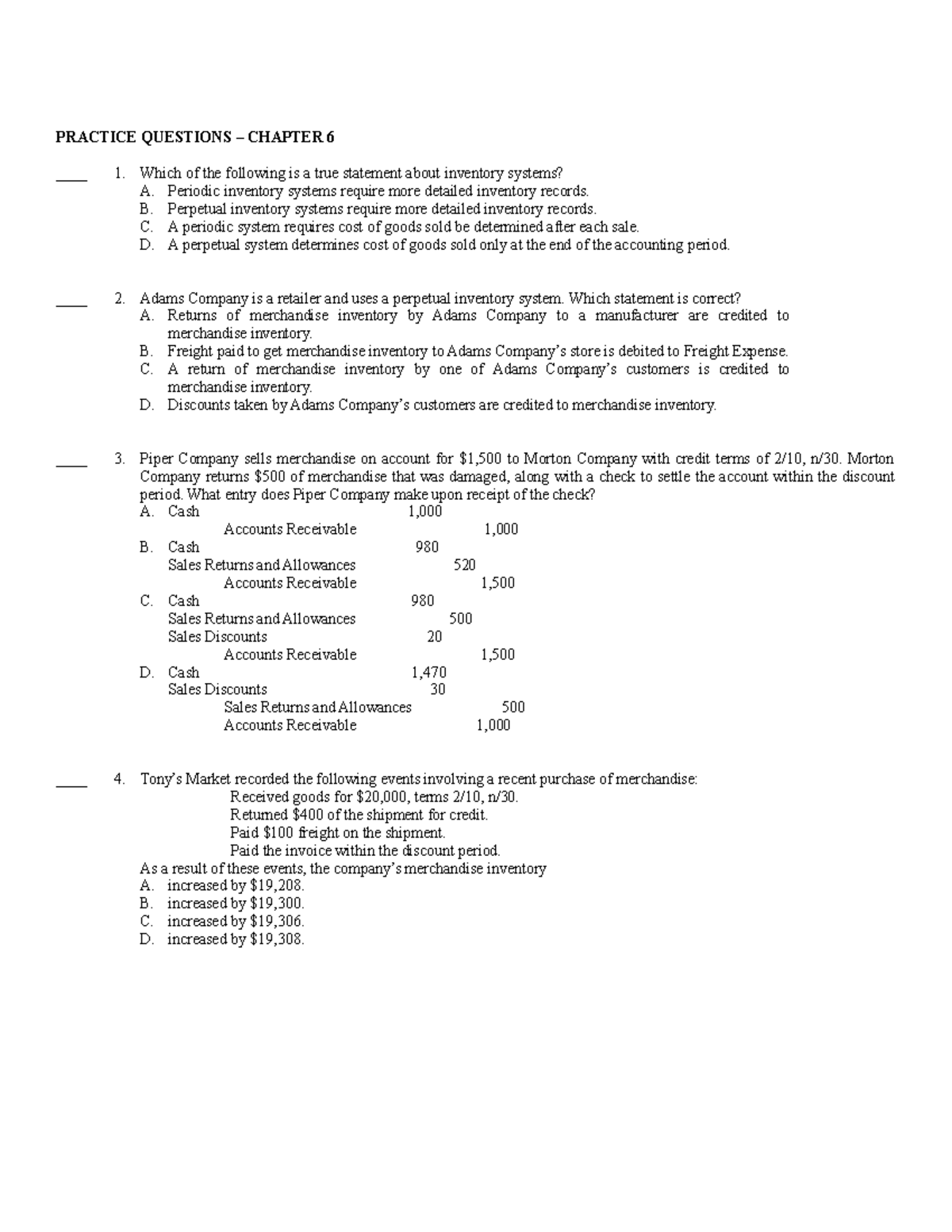 ACCT 101 Chapter 6 Practice Questions - PRACTICE QUESTIONS – CHAPTER 6 ...