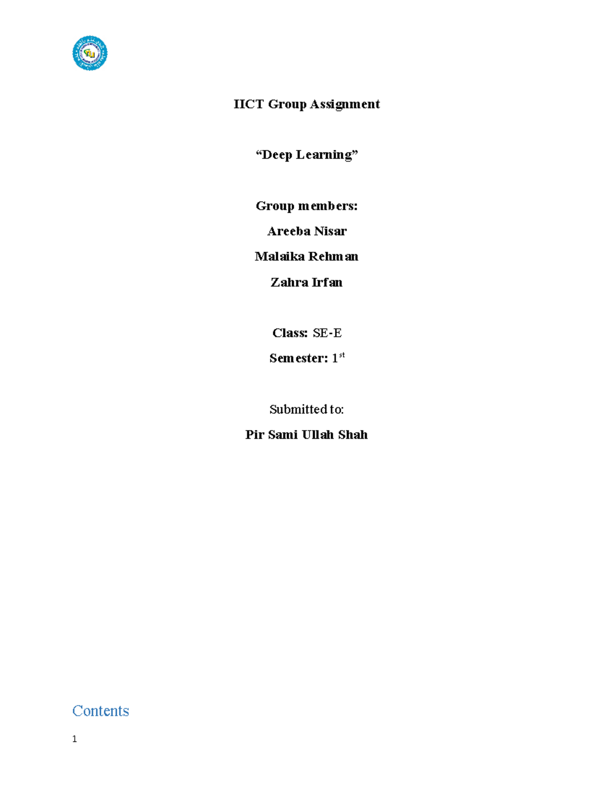 Deep learning project final - IICT Group Assignment “Deep Learning” Group members: Areeba Nisar ...