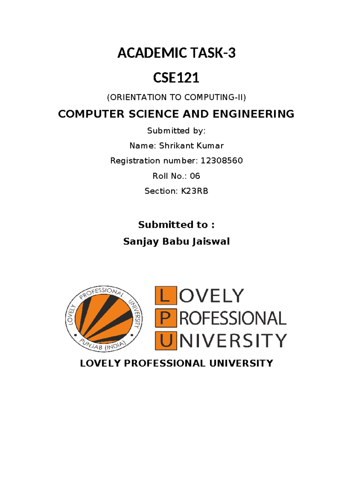 121ca3 Academic Task Cse Orientation To Computing Ii Computer Science And Engineering