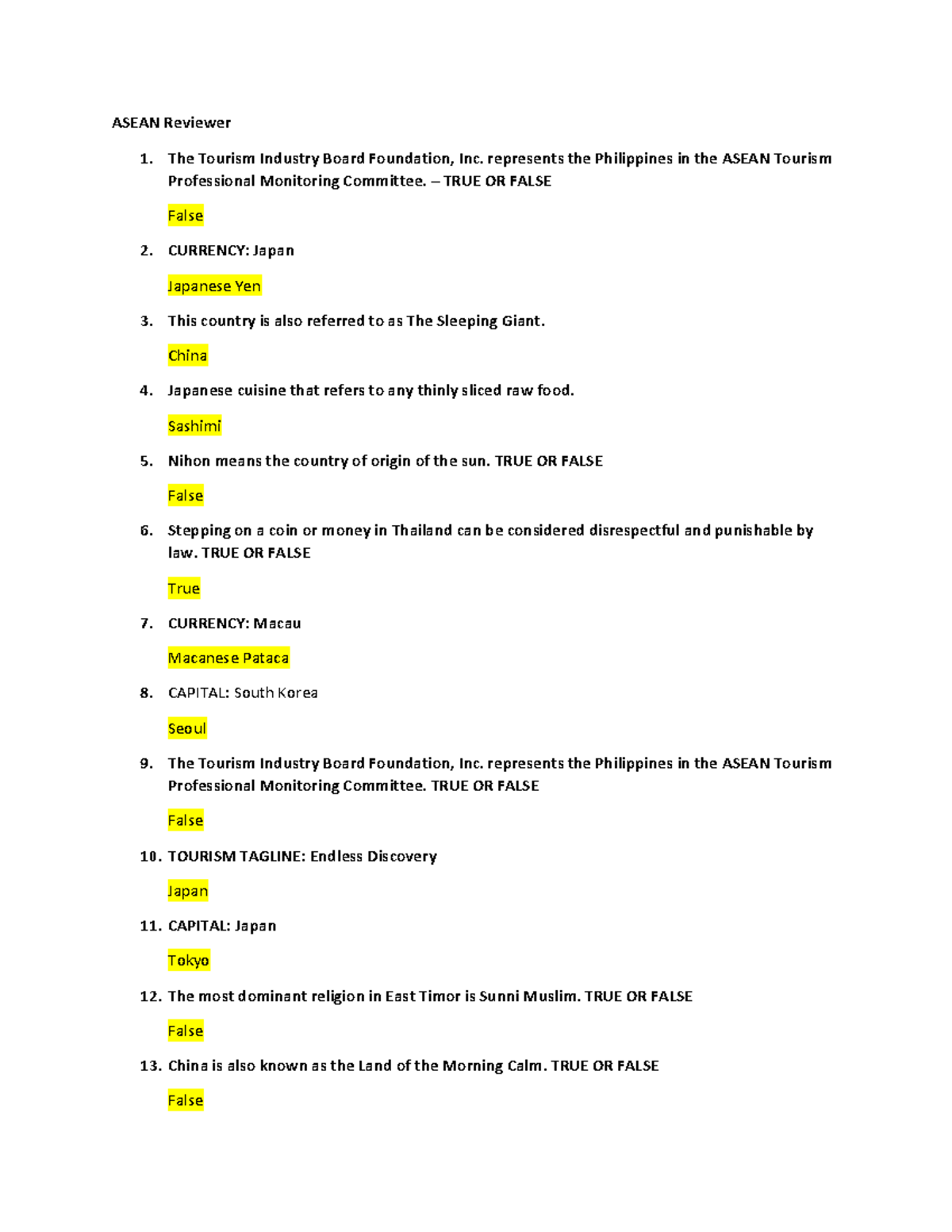 Asean Finals Reviewer with Answers - ASEAN Reviewer 1. The Tourism ...
