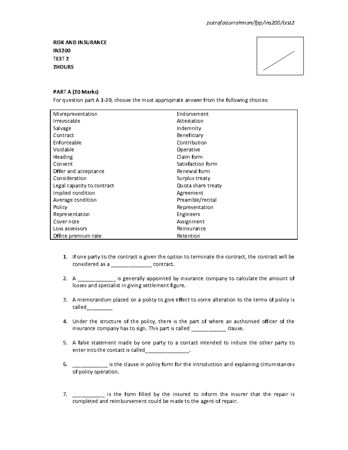 Ins200 test02 - midterm test - RISK AND INSURANCE INS TEST 2 2HOURS ...