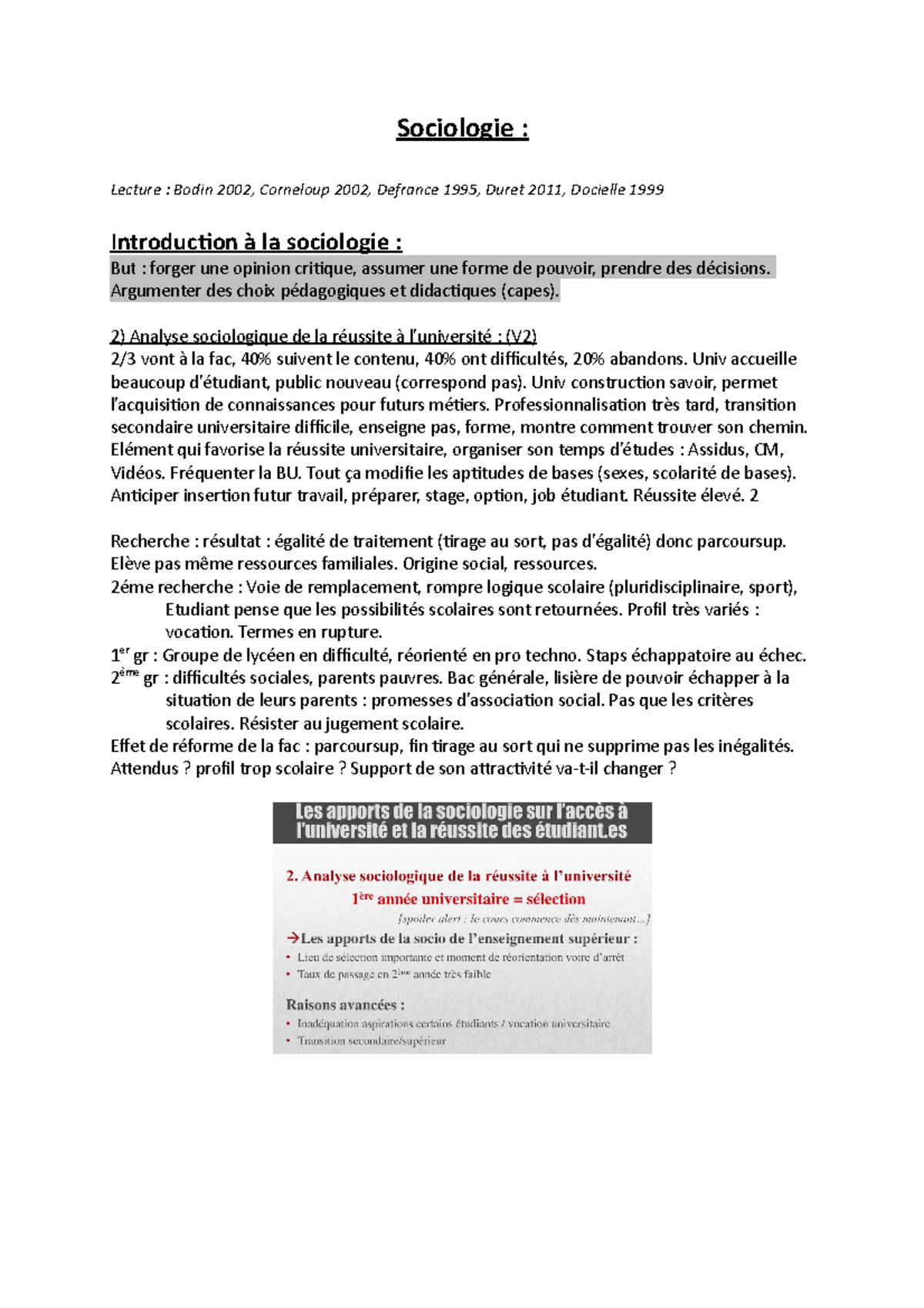 Socio L1 cours complet - Sociologie : Lecture : Bodin 2002, Corneloup 2002, Defrance 1995, Duret ...
