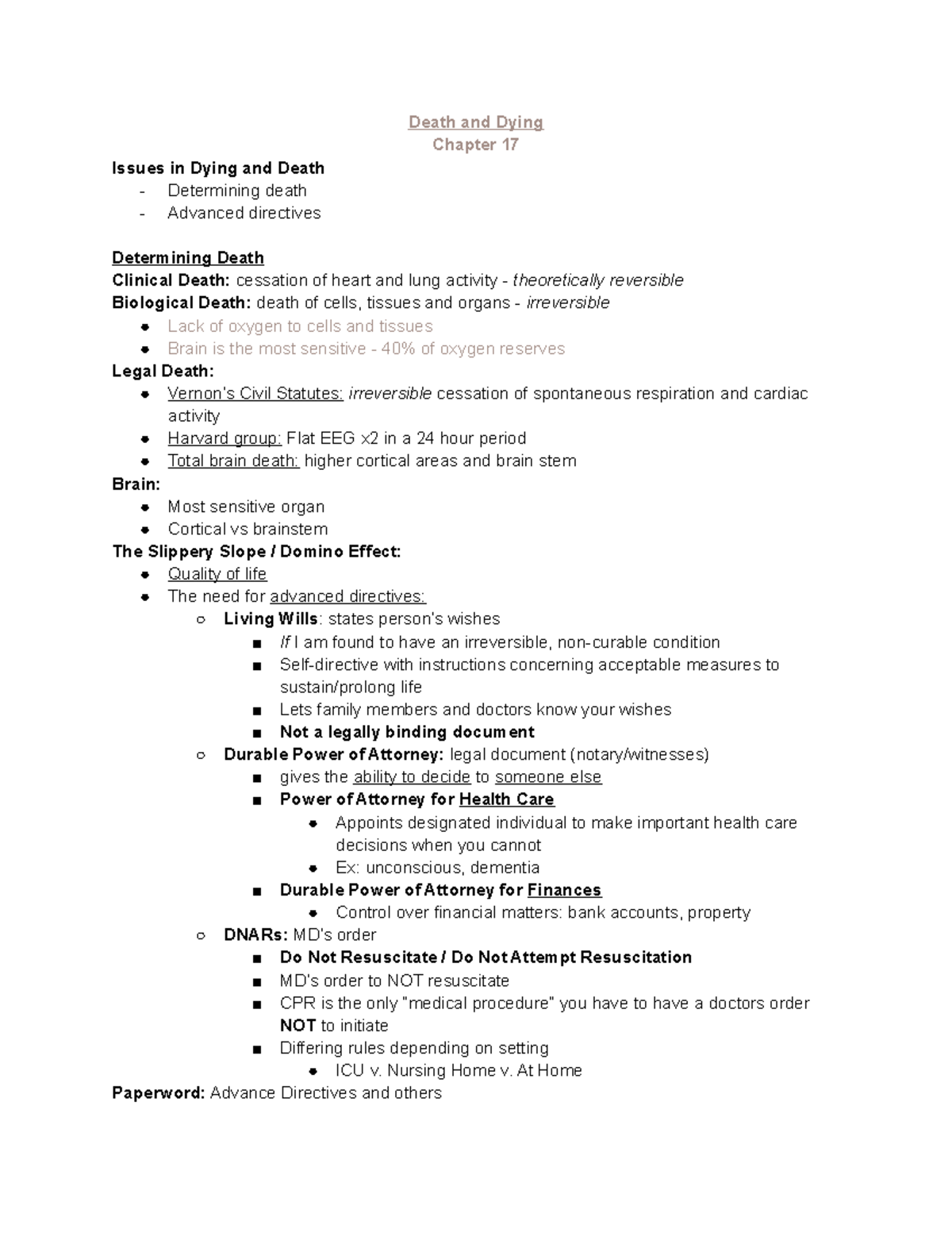 PSY 3341 Death and Dying - Death and Dying Chapter 17 Issues in Dying ...