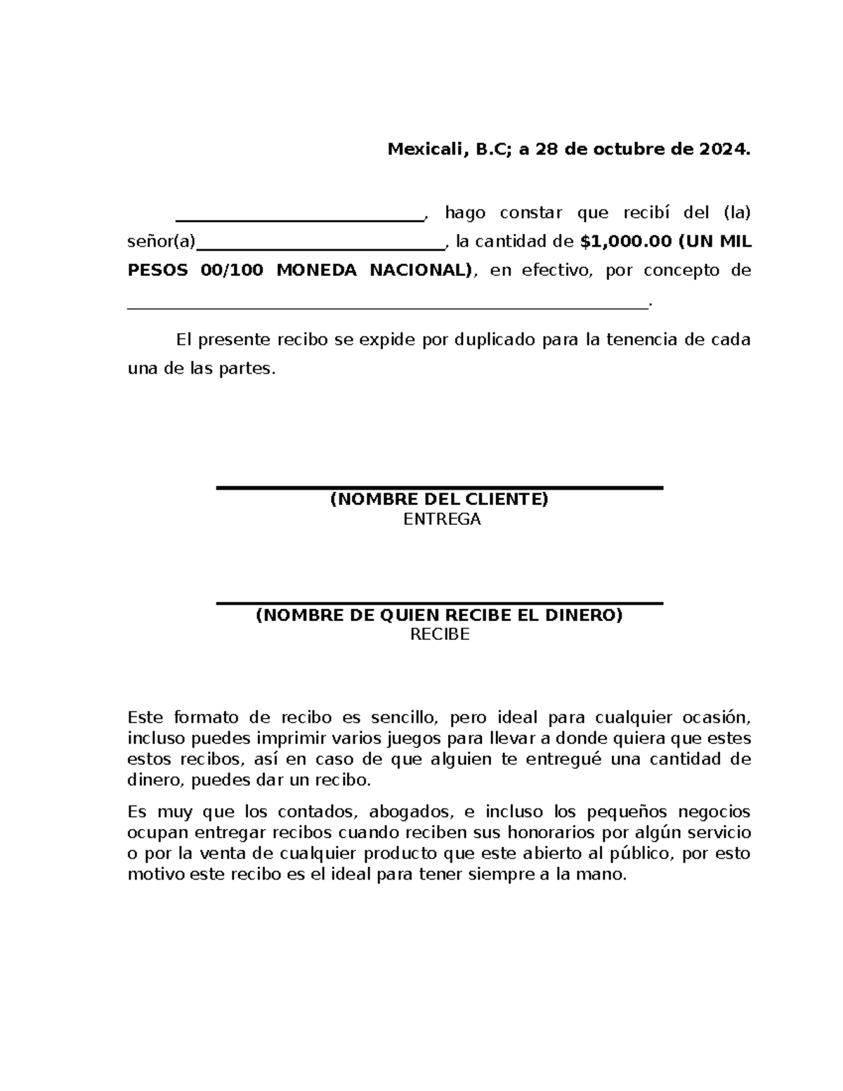 Formato Recibo - Mexicali, B; a 28 de octubre de 2024. , hago constar ...
