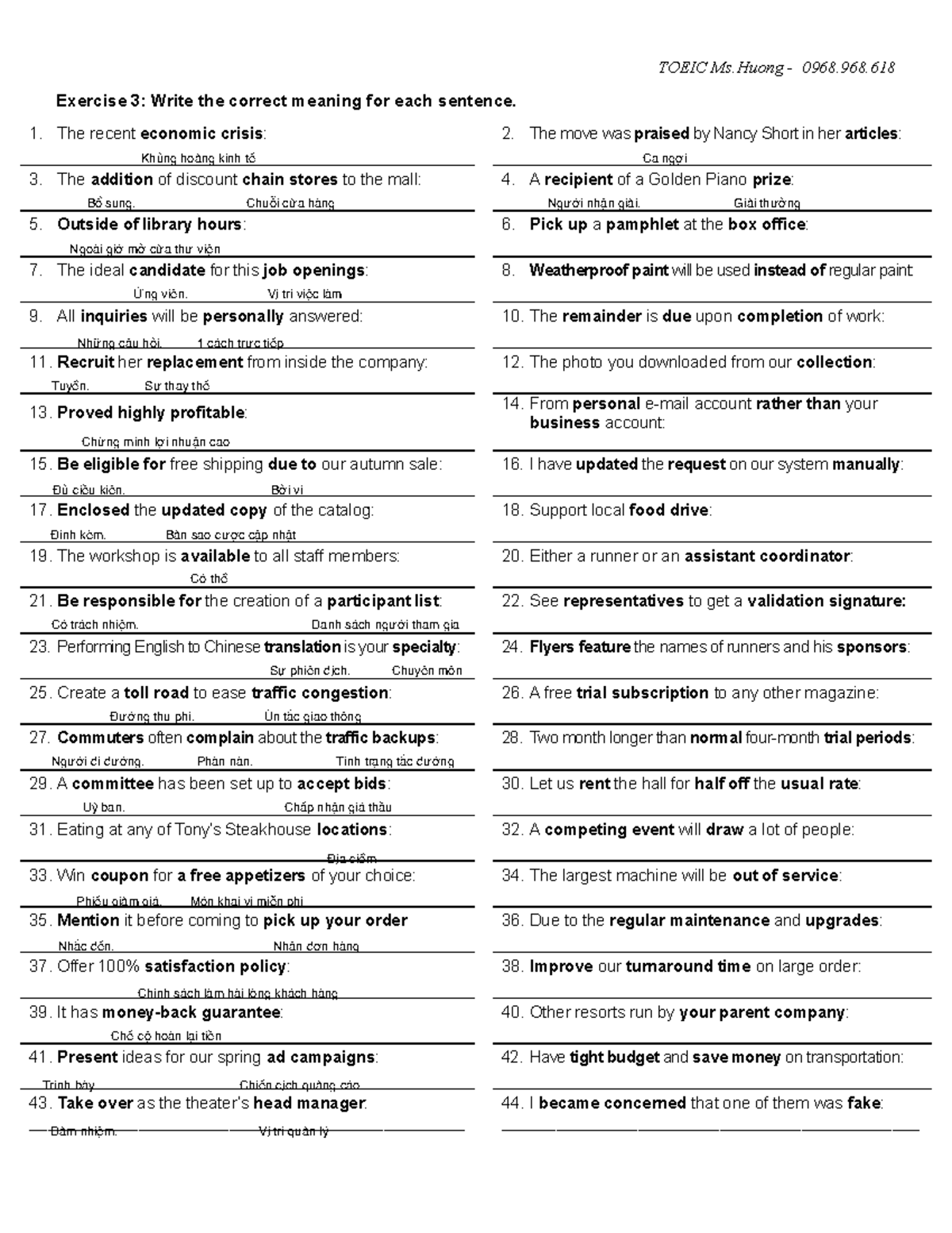 Check VOCA TEST NO - Dv cvf - TOEIC Ms - 0968. Exercise 3: Write the ...