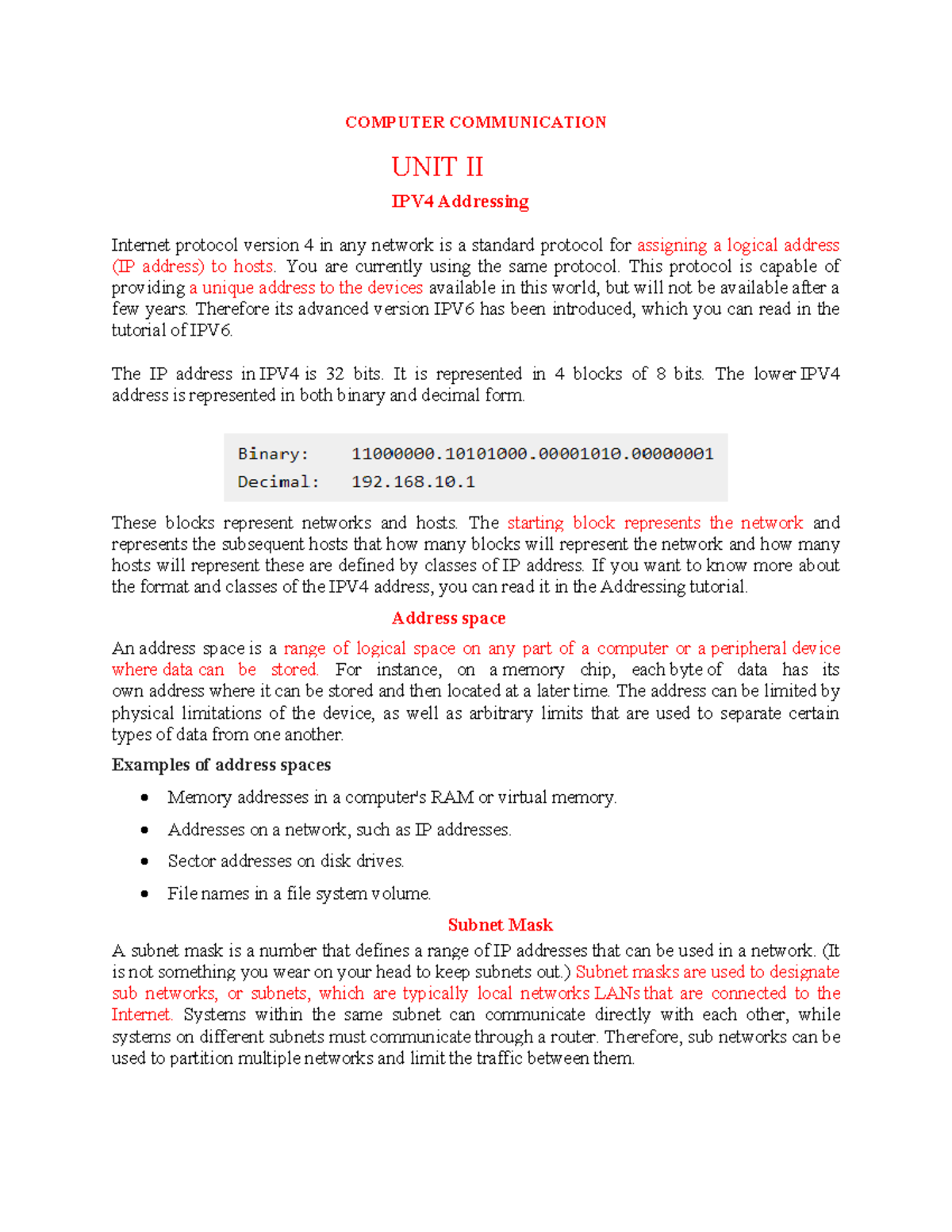 UNIT 2 CC - Useful for quick revision before CT exams - COMPUTER COMMUNICATION UNIT II IPV4 ...