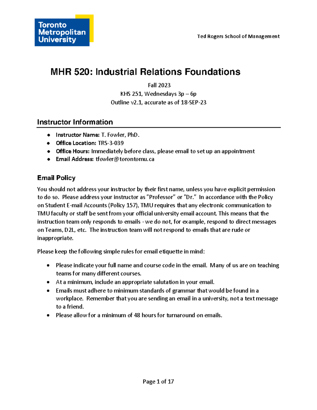 MHR 520 - Fall 2023 v2 - MHR 520 - Fall 2023 v2 - Ted Rogers School of Management MHR 520: - Studocu