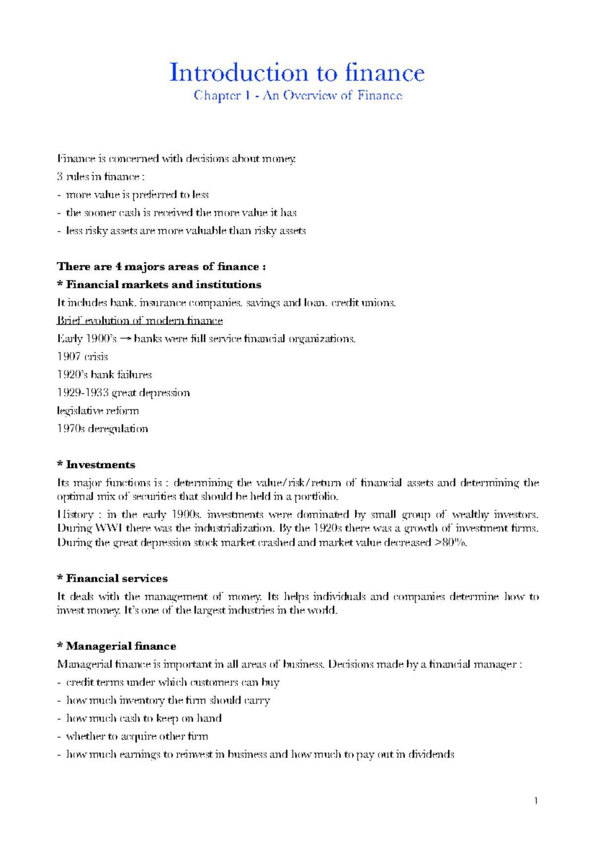Fiche - Chapter 1 - An overview of finance - Introduction to finance ...