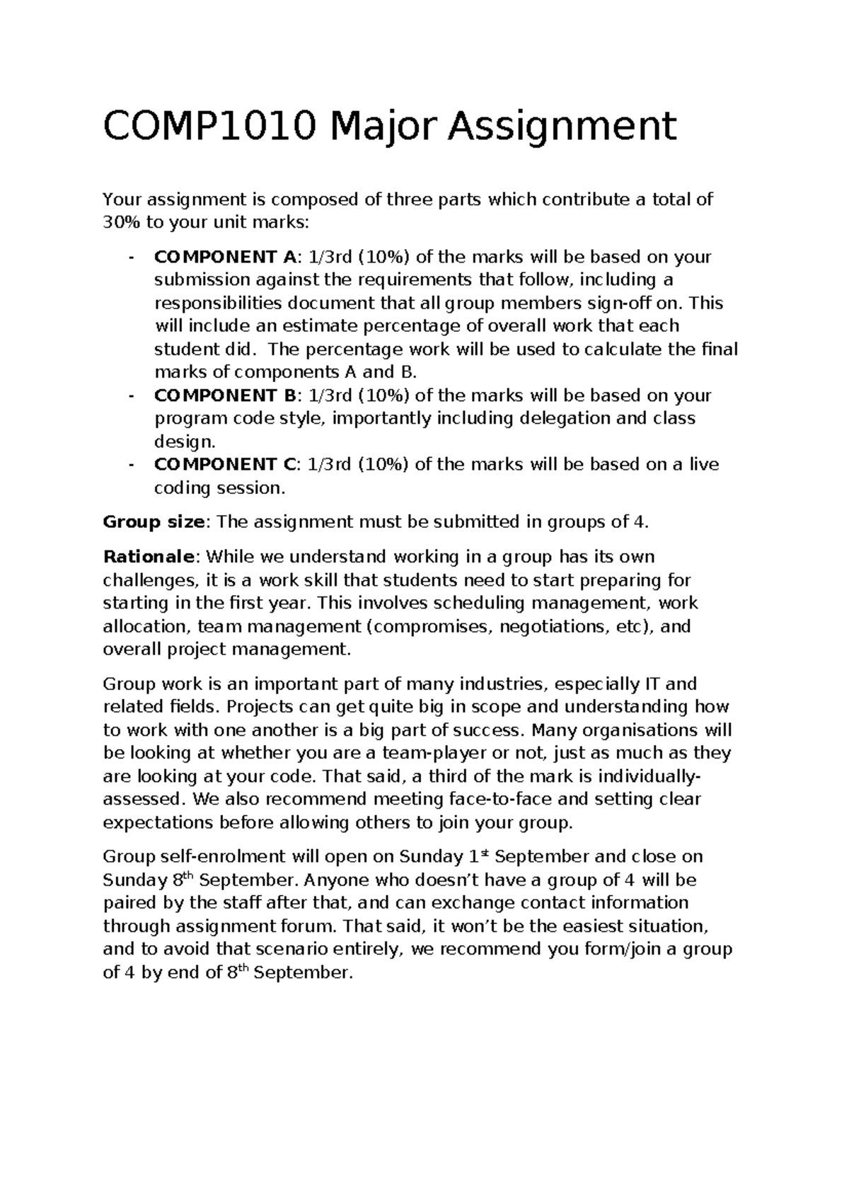 COMP1010 Major Assignment Specifications - COMP1010 Major Assignment Your assignment is composed ...
