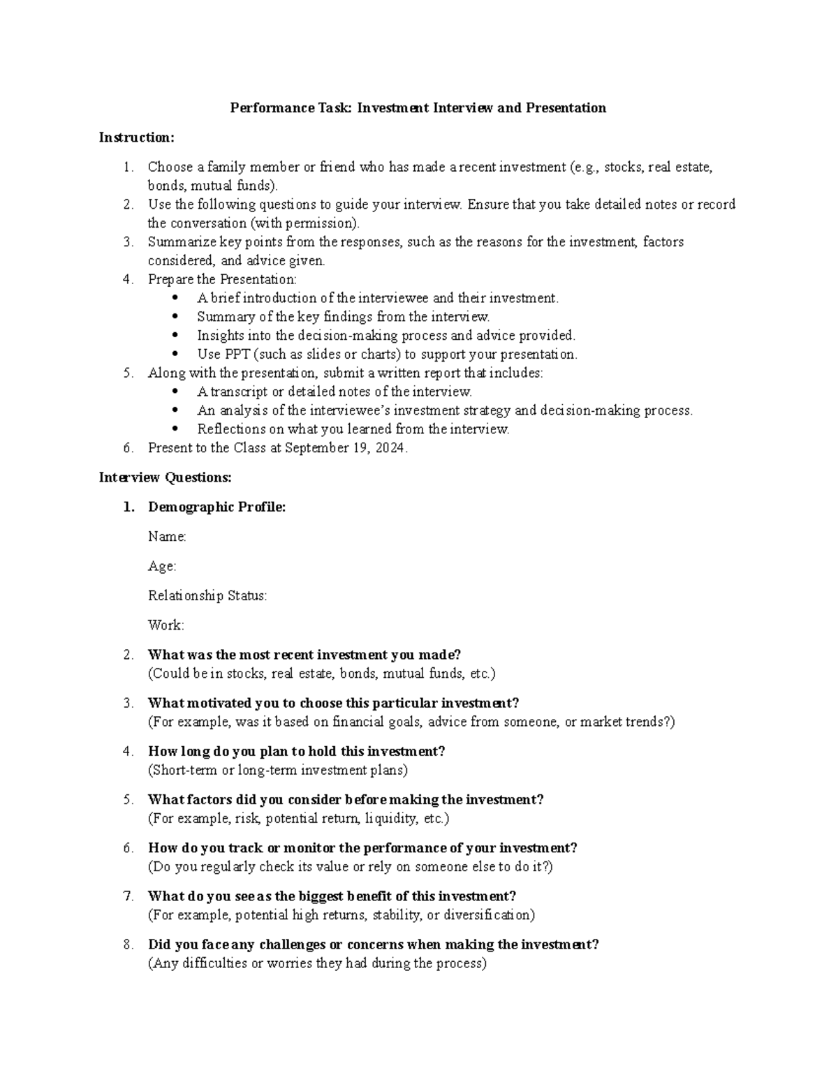 PT 1 ABM 12 - Performance Task - Performance Task: Investment Interview ...