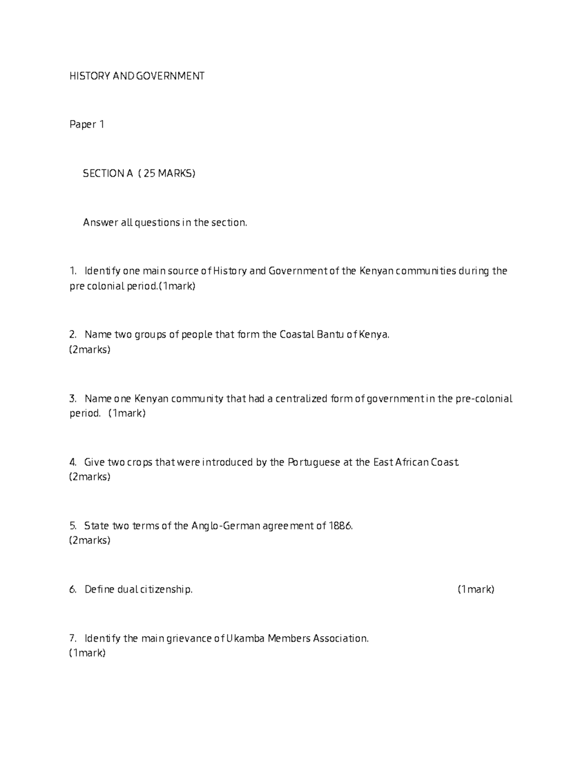 History form 4 test pp1 and pp2 - HISTORY AND GOVERNMENT Paper 1 ...