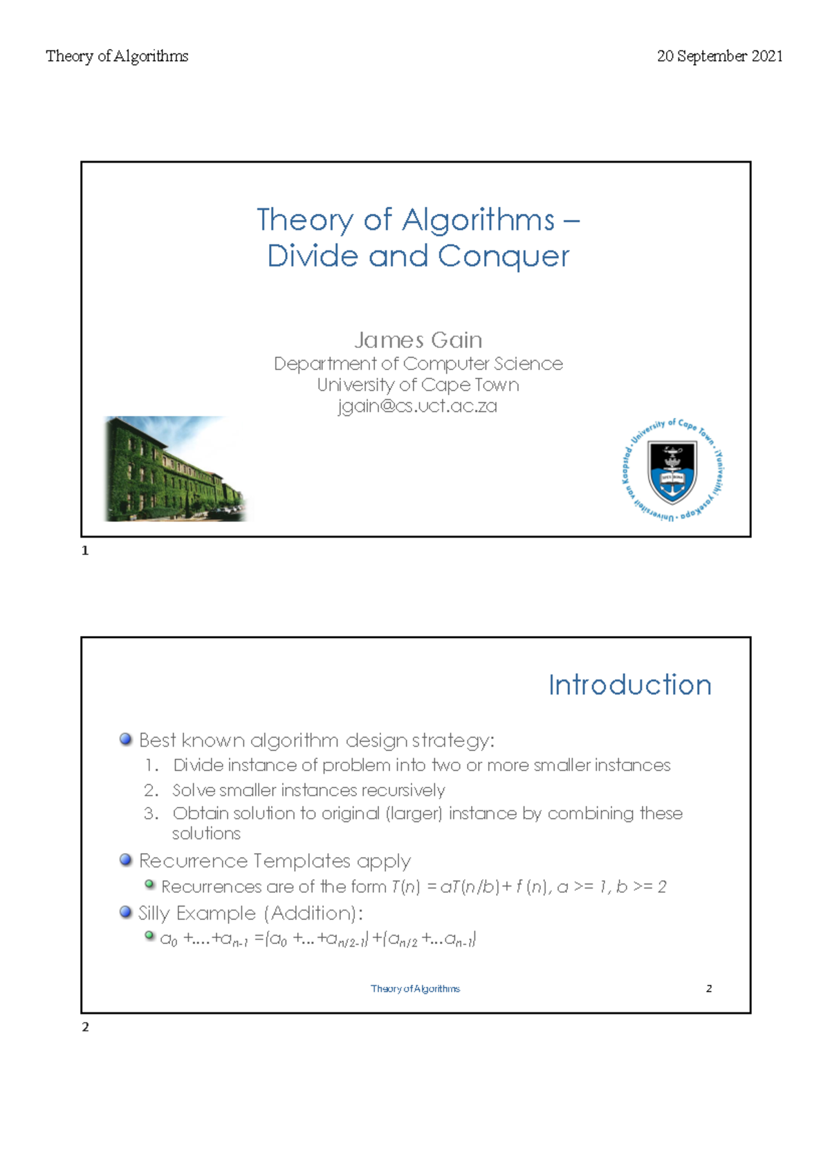TOA5 Divide and Conquer - Theory of Algorithms – Divide and Conquer ...