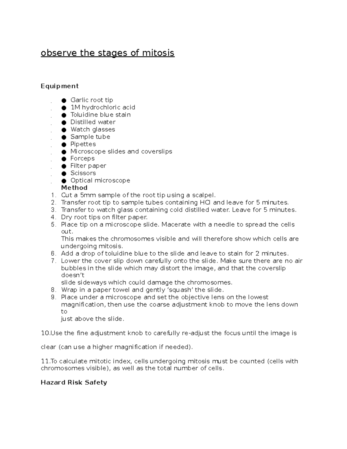 Observe the stages of mitosis - observe the stages of mitosis Equipment ...