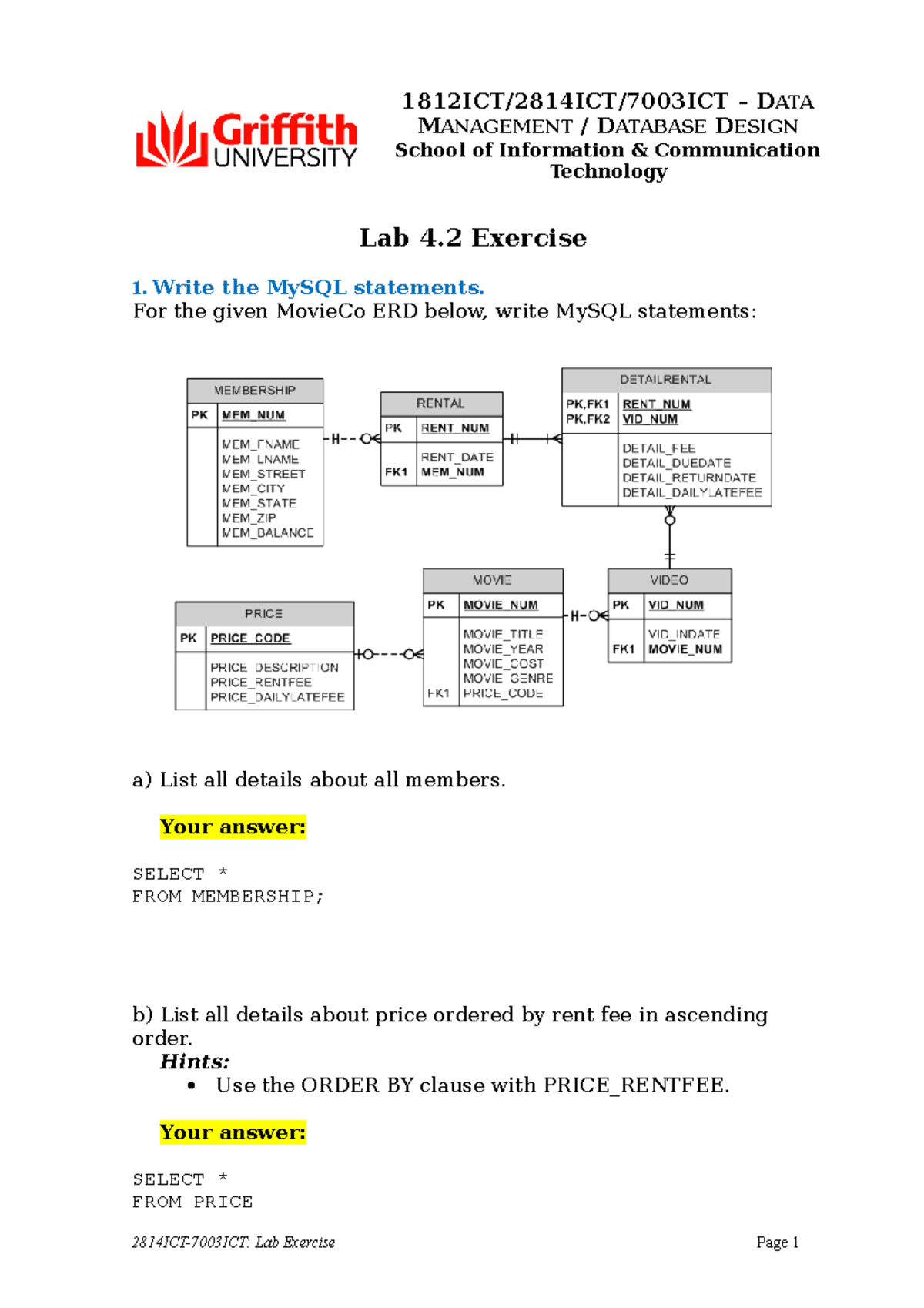 Lab 4.2 Exercise - 1812ICT/2814ICT/7003ICT – DATA MANAGEMENT / DATABASE ...