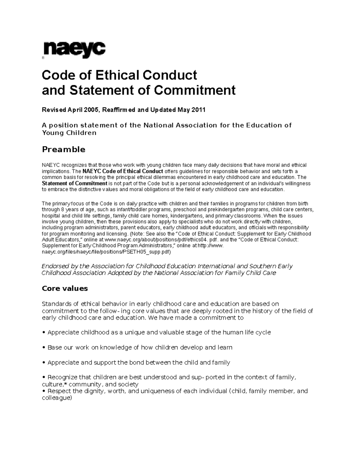EDEC 2600 Code of Ethical Conduct and Commitment Statement - Code of ...