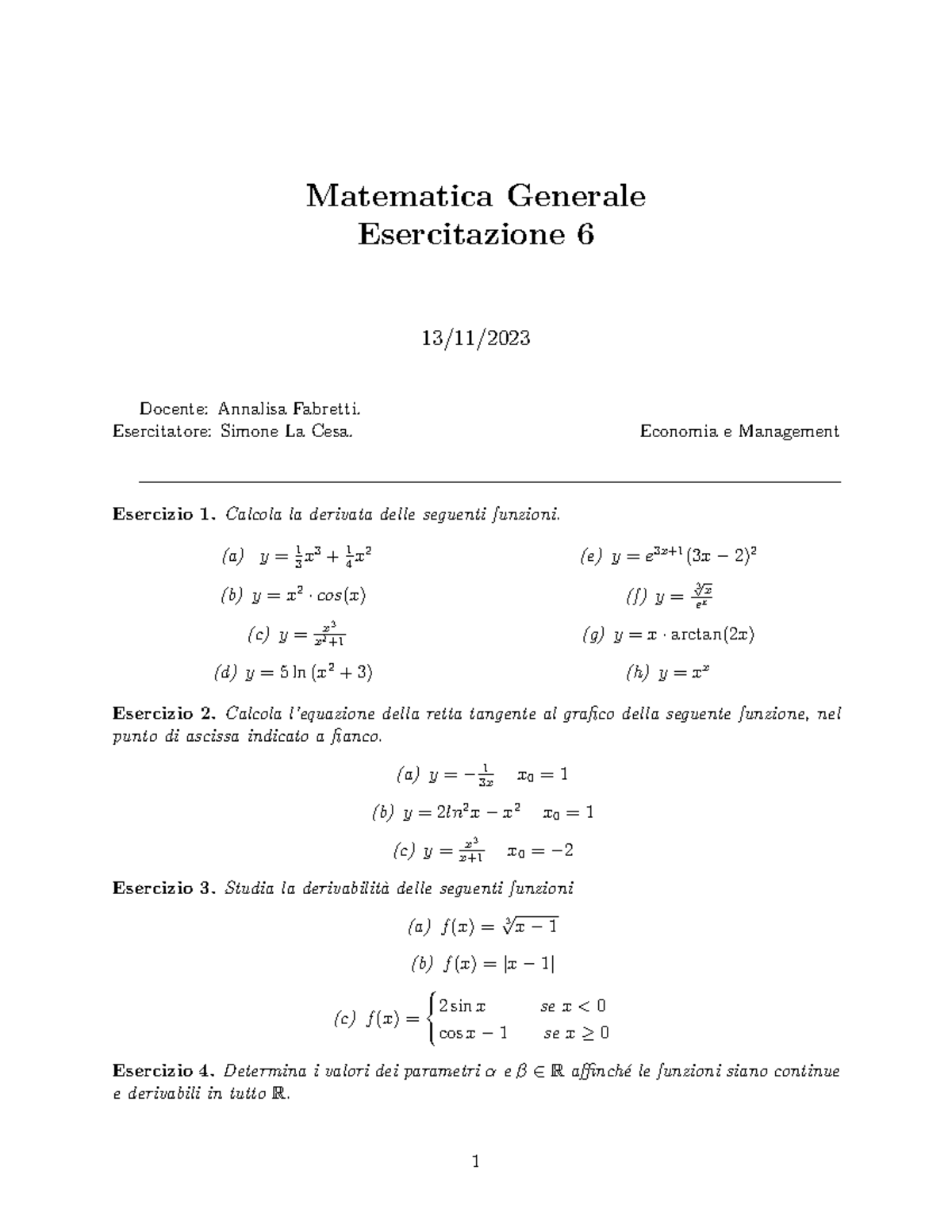 Esercitazione 6 4 2023 11 12 16 56 35 - Matematica Generale Esercitazione 6 13/11/ Docente ...
