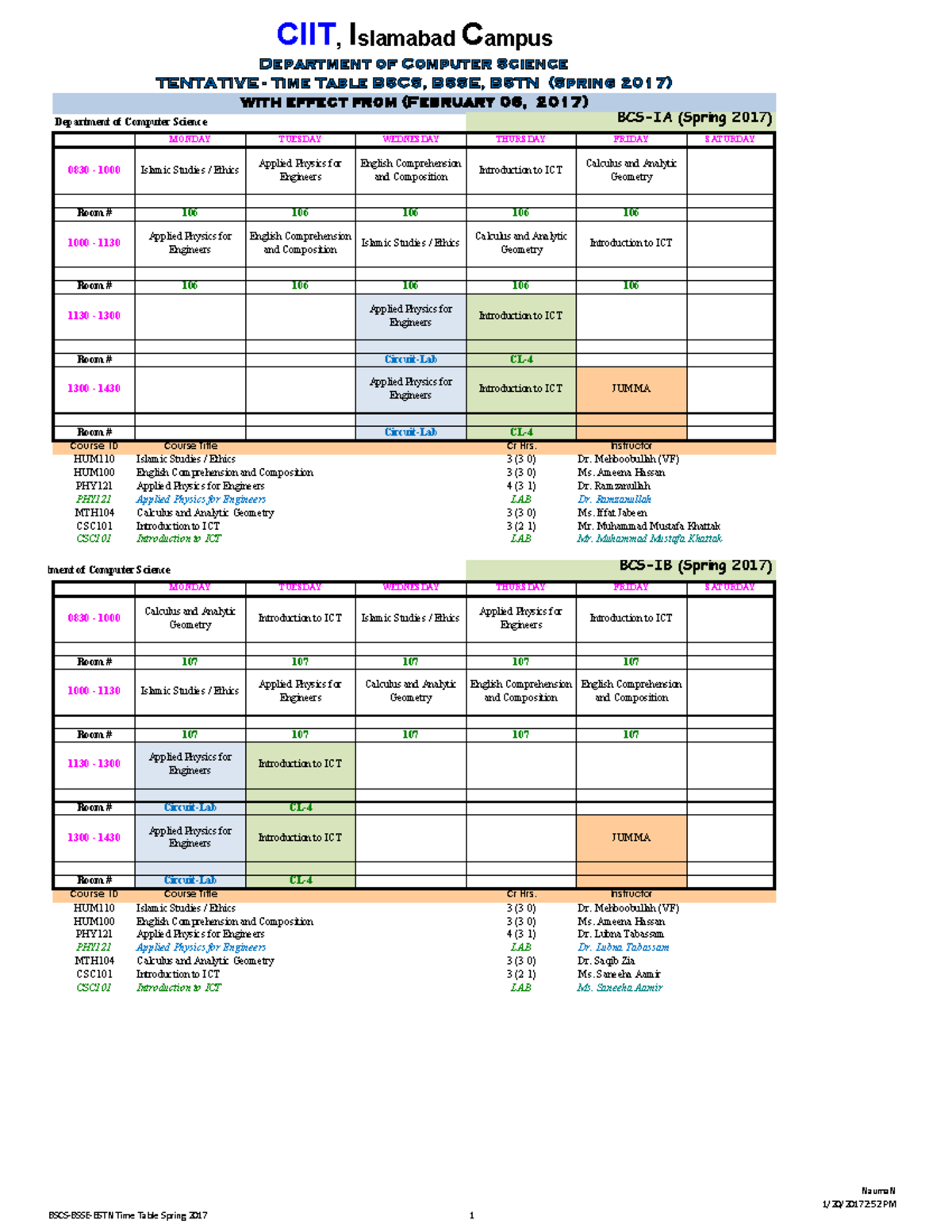 Tentative Time Table for BCS BSE BTN Semester Spring 2017 - Department ...