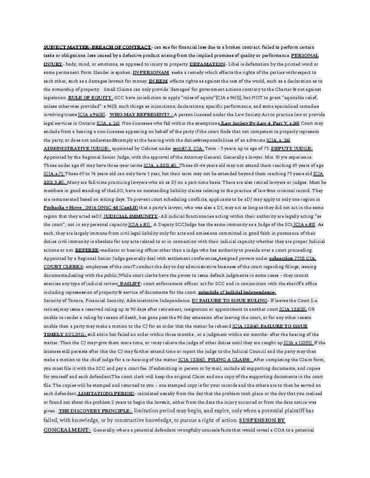 SCC Cheatsheet - Small Claims Court Cheat Sheet - SUBJECT MATTER ...