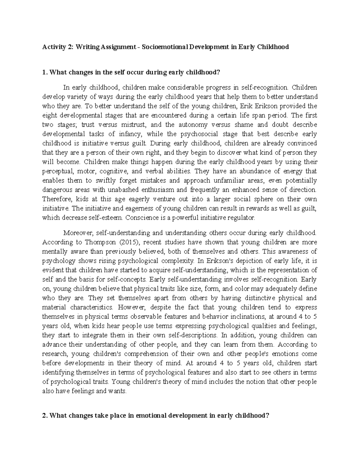 Activity 2 - Writing Assignment - Socioemotional Development in Early ...