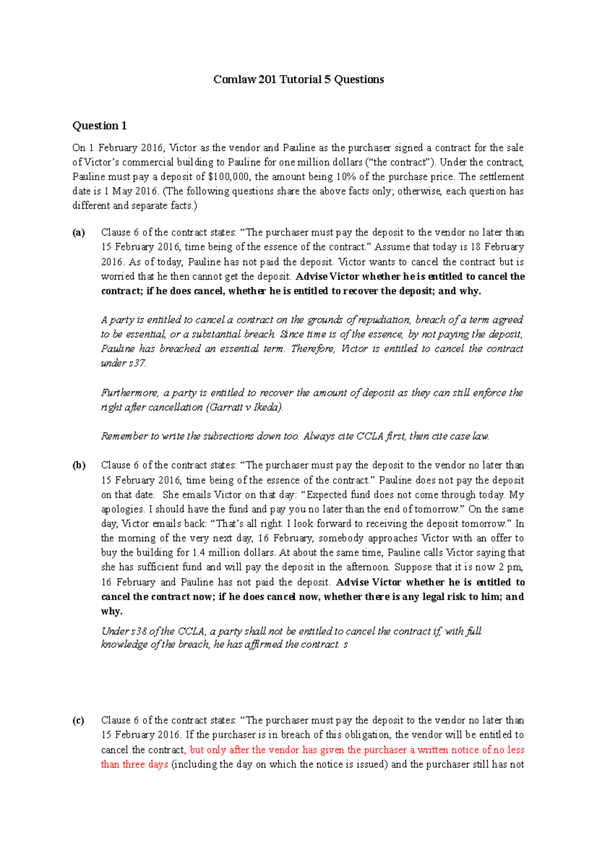 Comlaw 201 Tutorial 5 - Comlaw 201 Tutorial 5 Questions Question 1 On 1 February 2016, Victor as ...